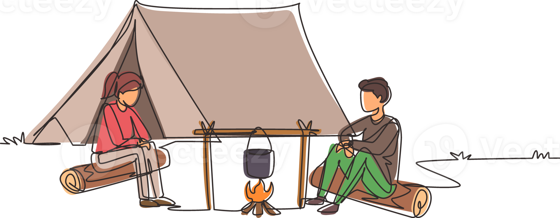 Continuous One Line Drawing Couple Man Woman Hikers Sitting On Log