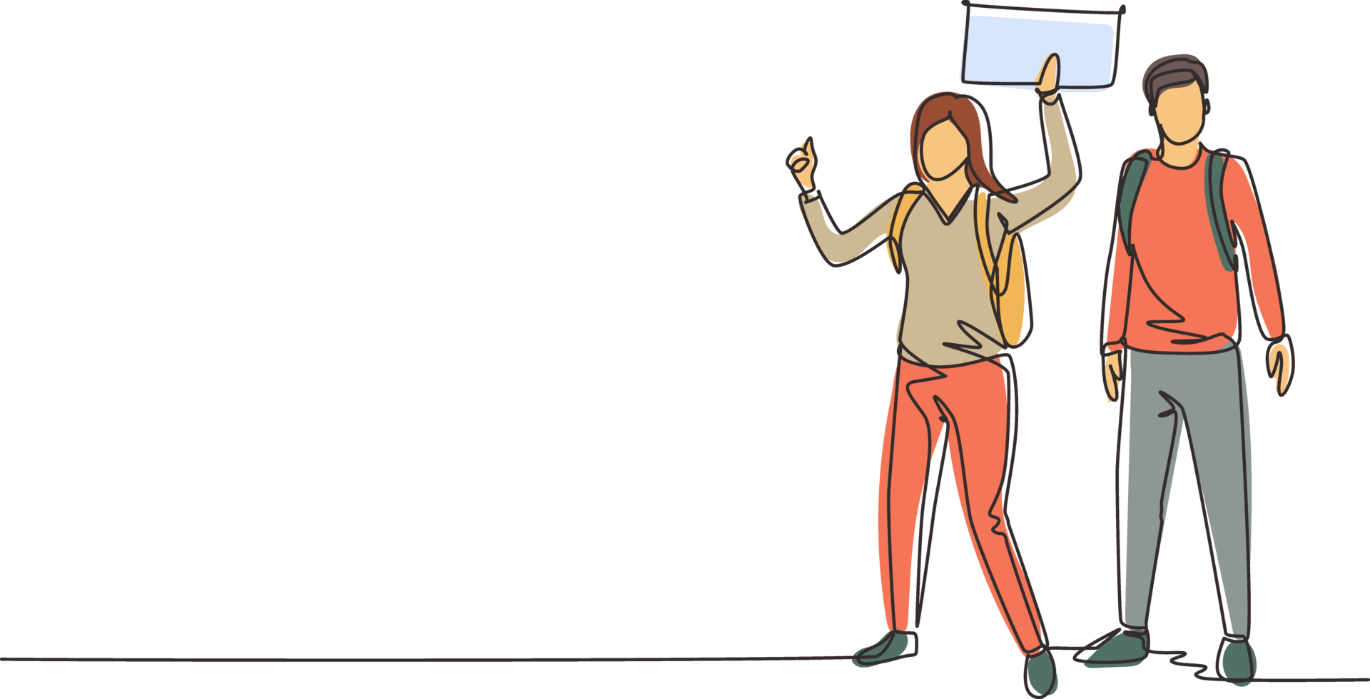 Single One Line Drawing Couple With Backpacks Standing Near Road And