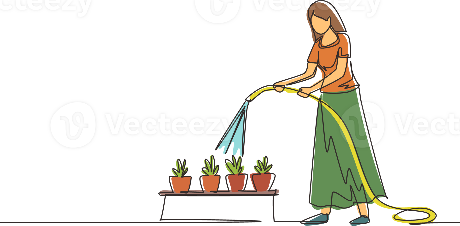 Continuous One Line Drawing Young Woman Watering Potted Plants With