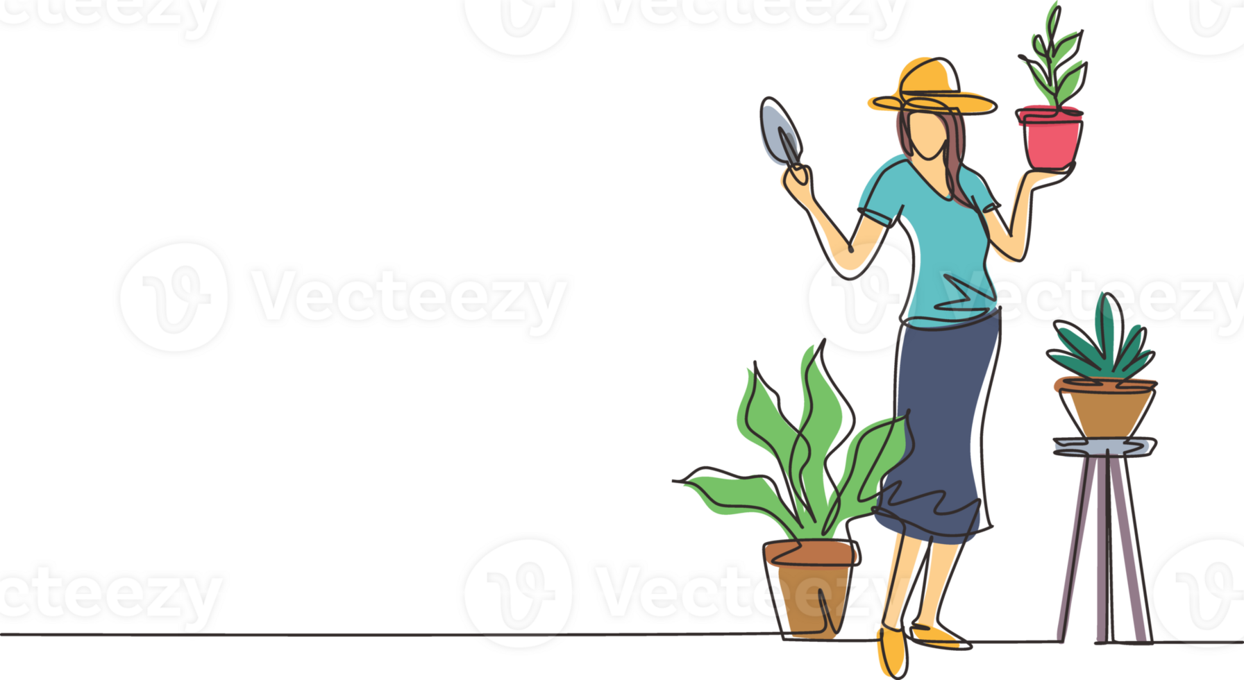 Single One Line Drawing Woman Gardener Florist Working In Botanical