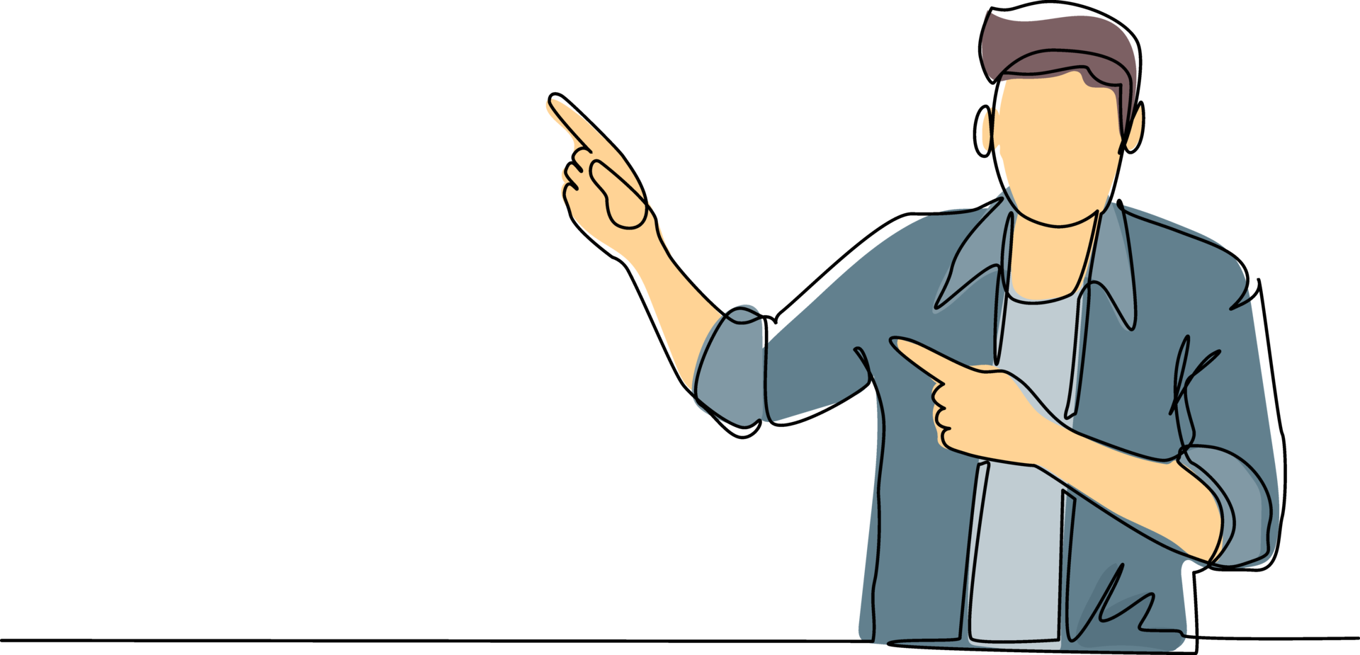Single one line drawing young man pointing away hands together and ... Single one line drawing young man pointing away hands together and ...