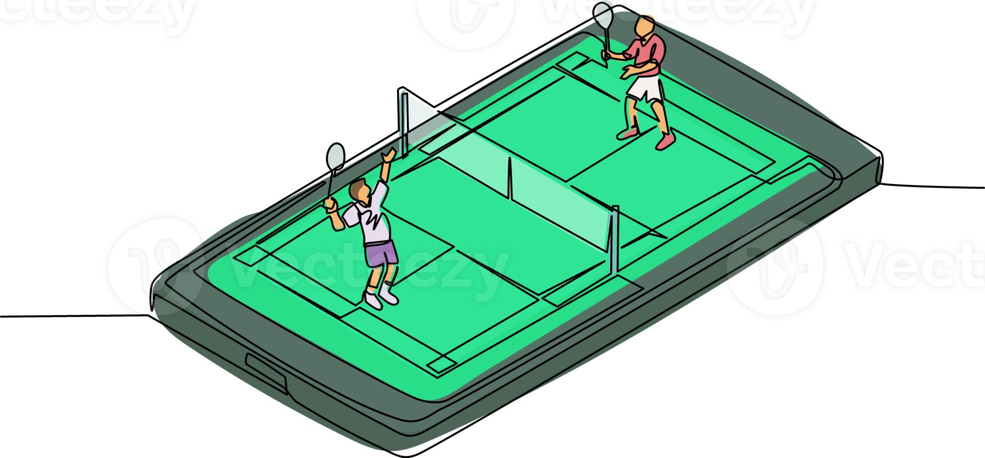 Single one line drawing badminton court with two players hitting shuttlecock with their racquets ...