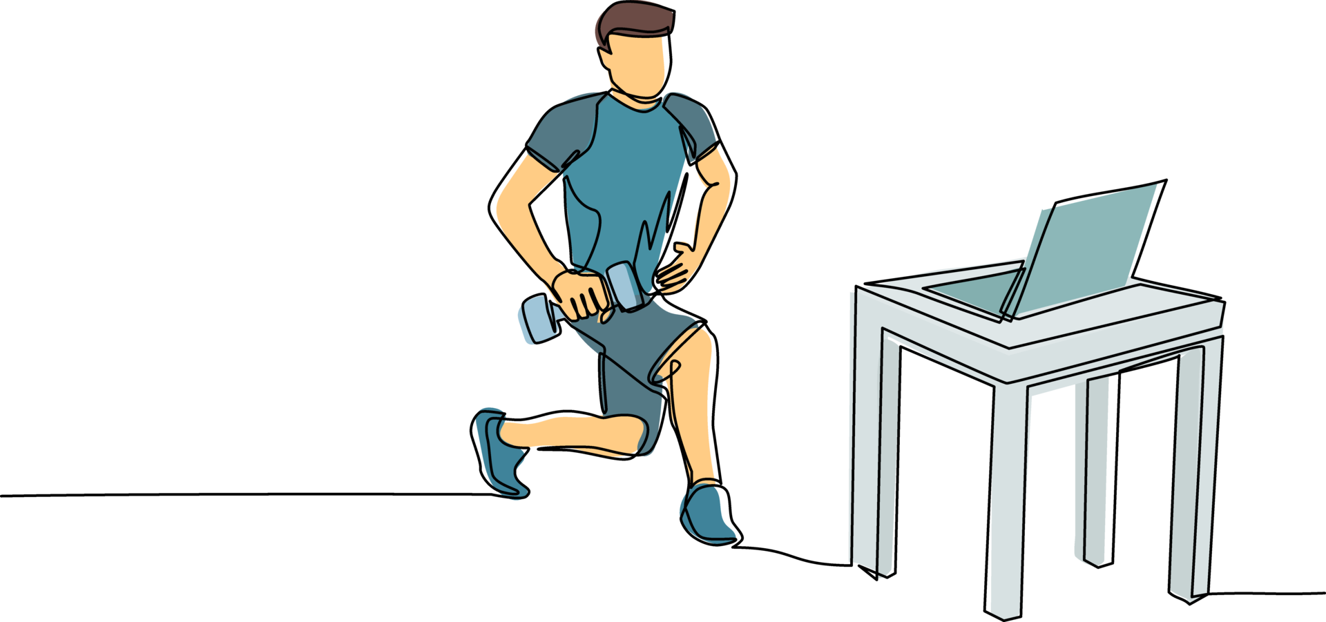 Single one line drawing man doing fitness at home in online classes ... Single one line drawing man doing fitness at home in online classes ...