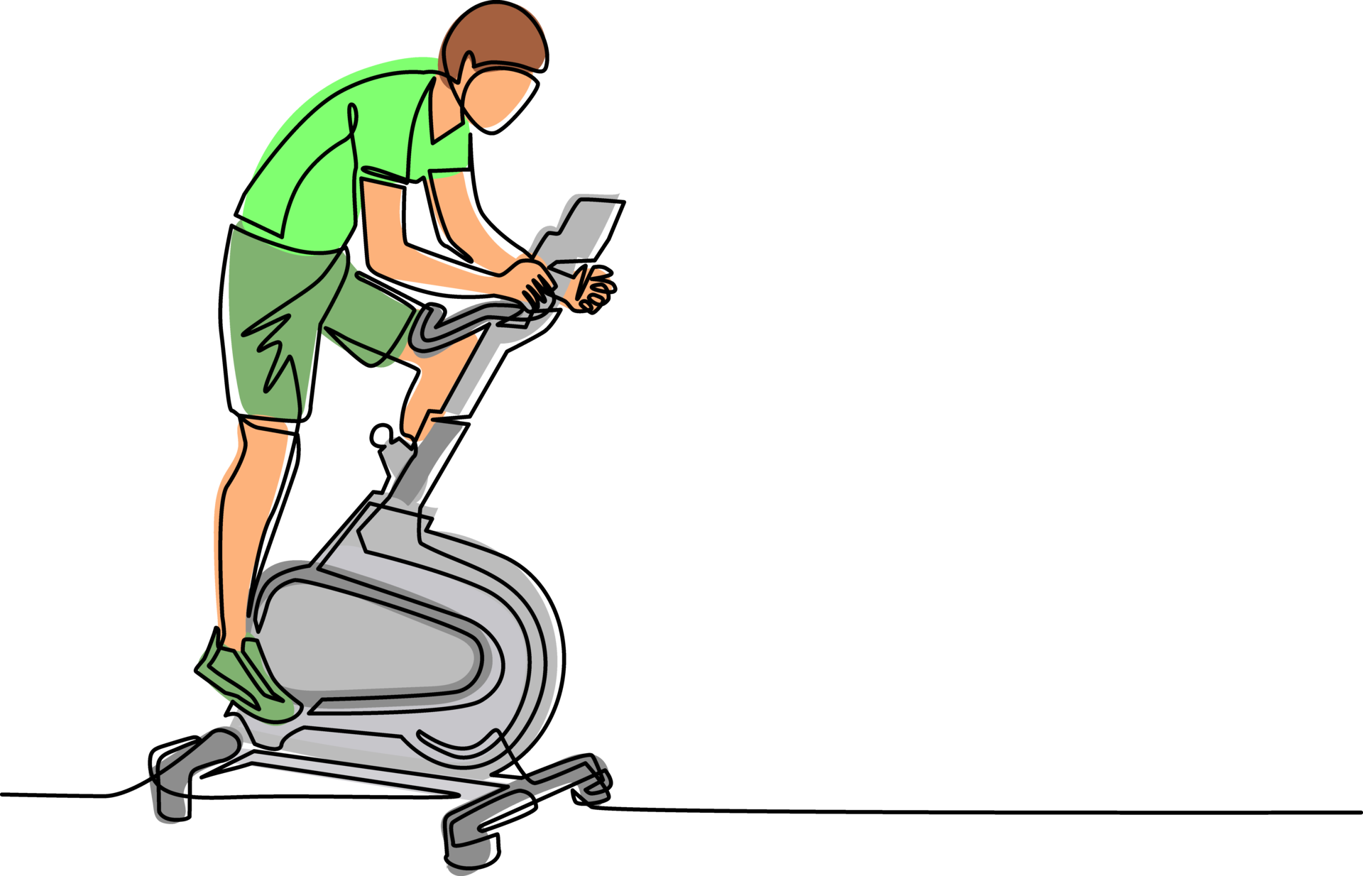 soltero uno línea dibujo hombre haciendo cardio. estacionario bicicleta ...