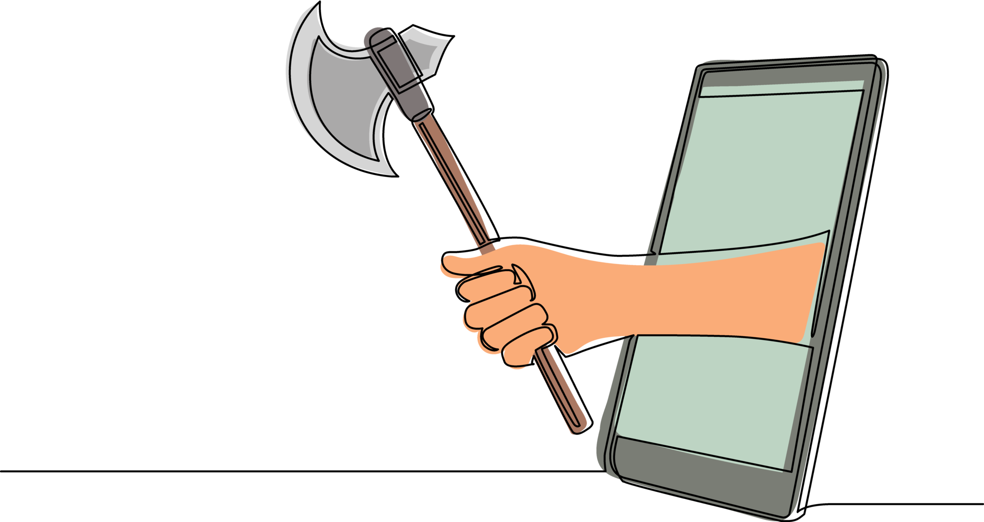 Continuous One Line Drawing Hand Holding Battle Axe Through Mobile