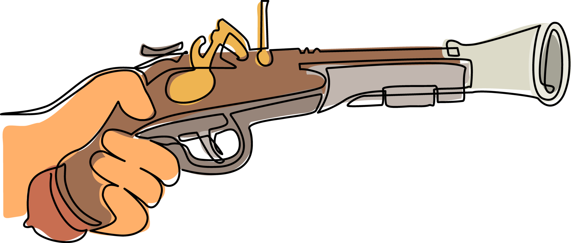Single continuous line drawing hand holding old flintlock pistol ...
