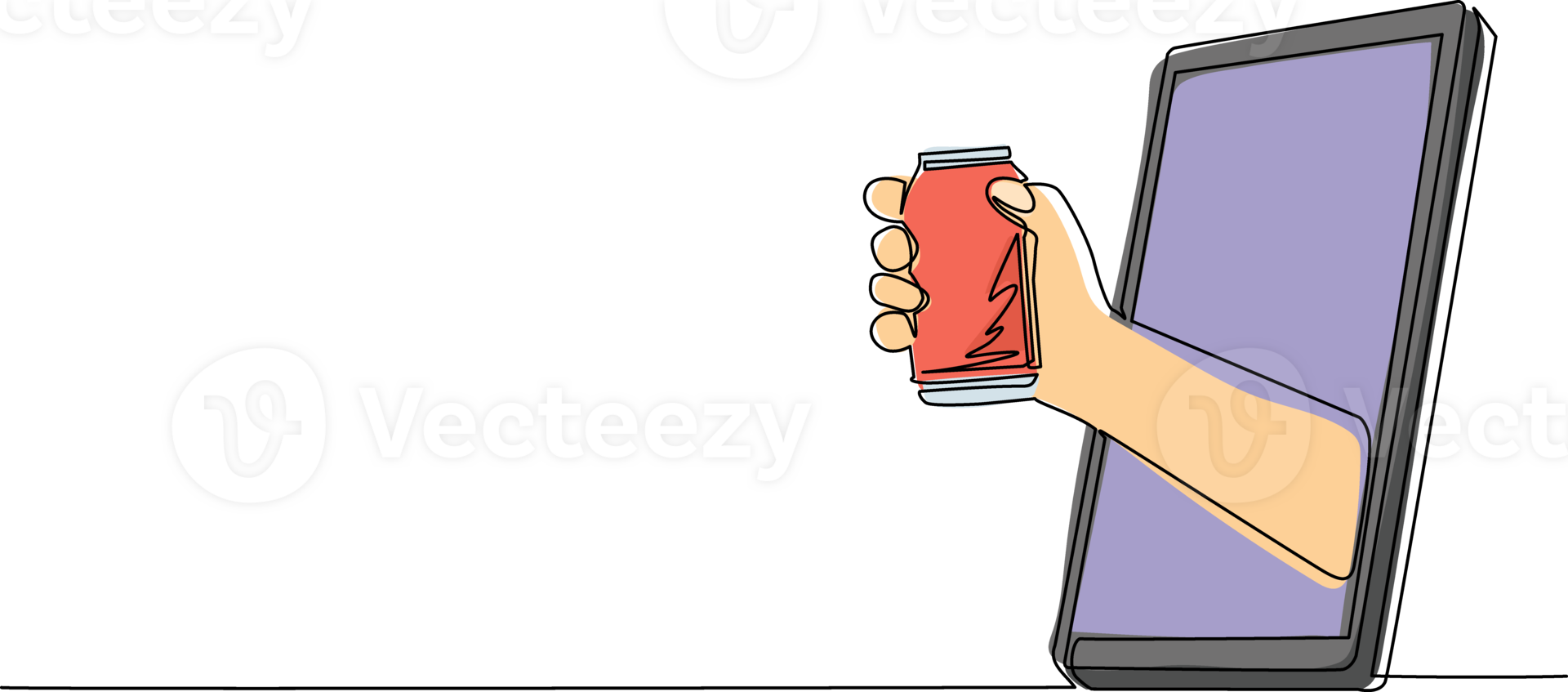 Continuous One Line Drawing Hand Holding Soda Can Through Mobile Phone Concept Of Cafe Drink