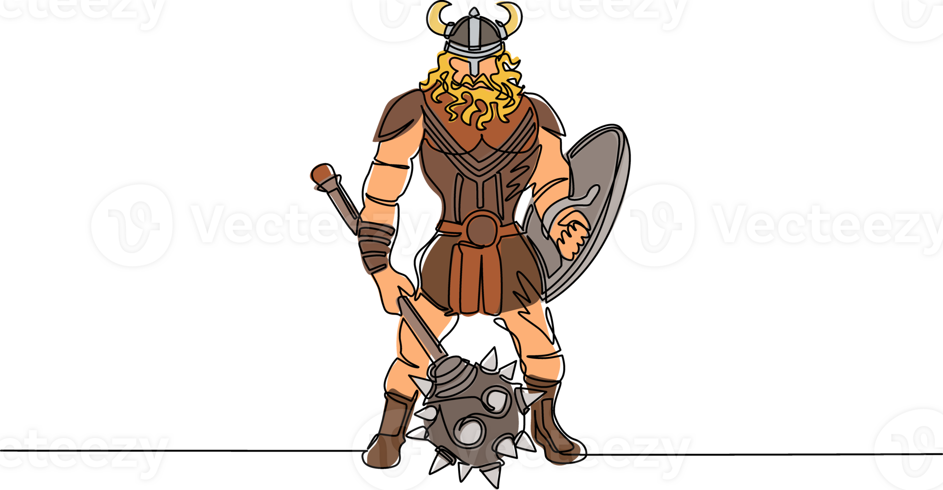 Single Continuous Line Drawing Man Warrior Viking In Horned Helmet Holding Mace And Shield