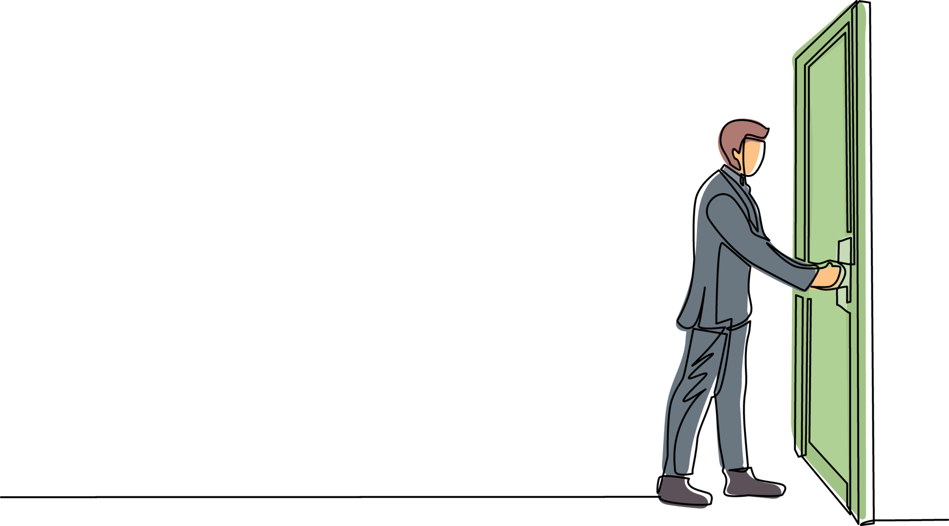 Single continuous line drawing businessman holding a door knob. Entering room in office building ...