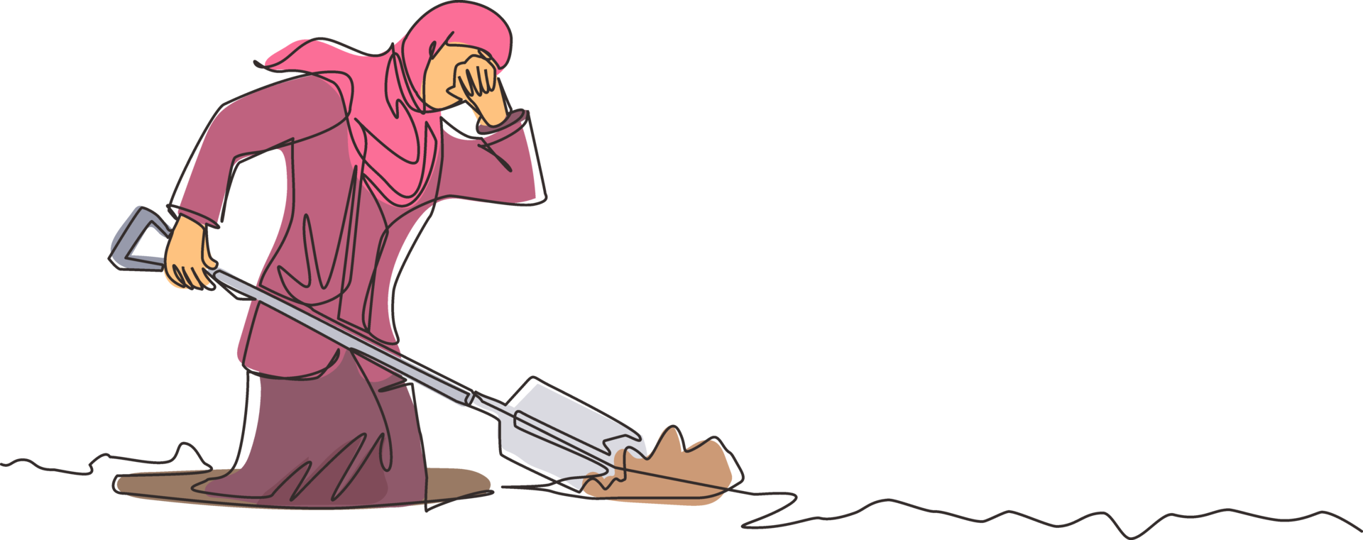 Continuous One Line Drawing Arabian Businesswoman Wipes Sweat On Her Forehead While Digging Hole