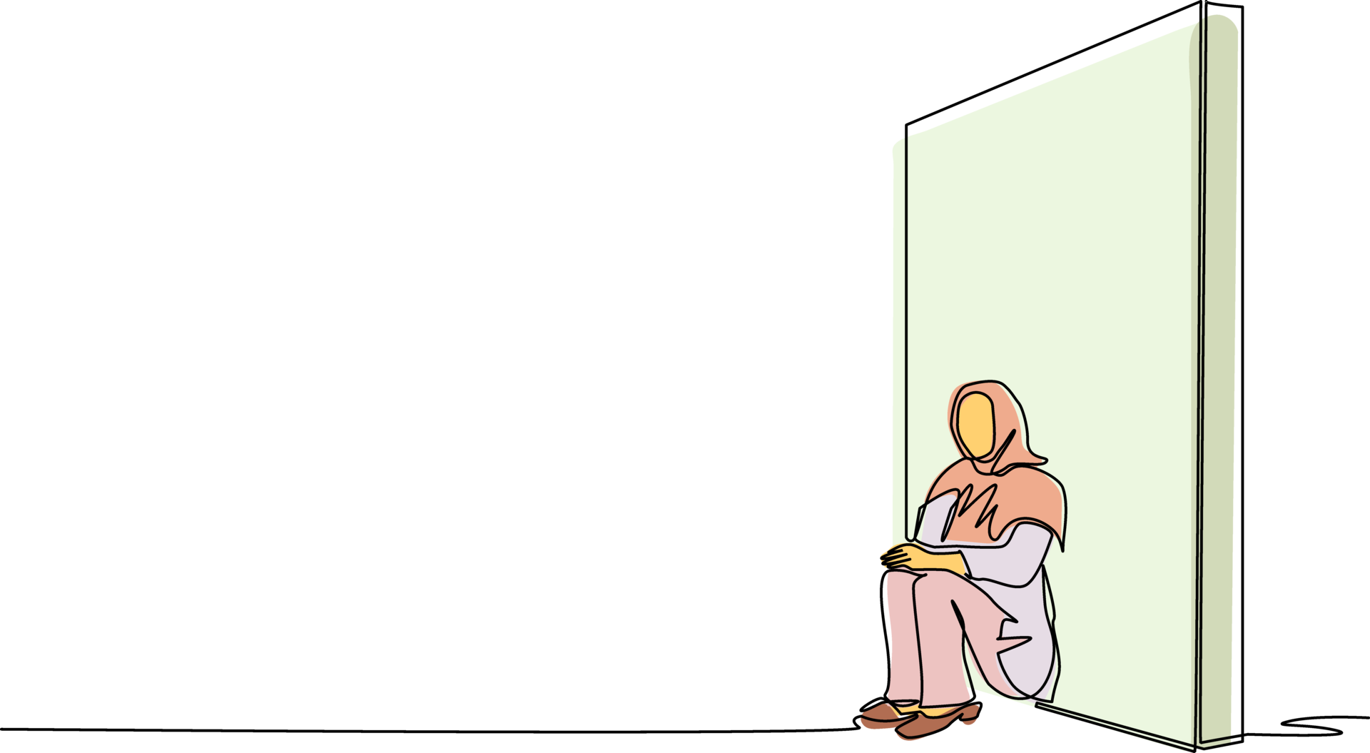 Continuous one line drawing upset Arab businesswoman sitting on floor ...