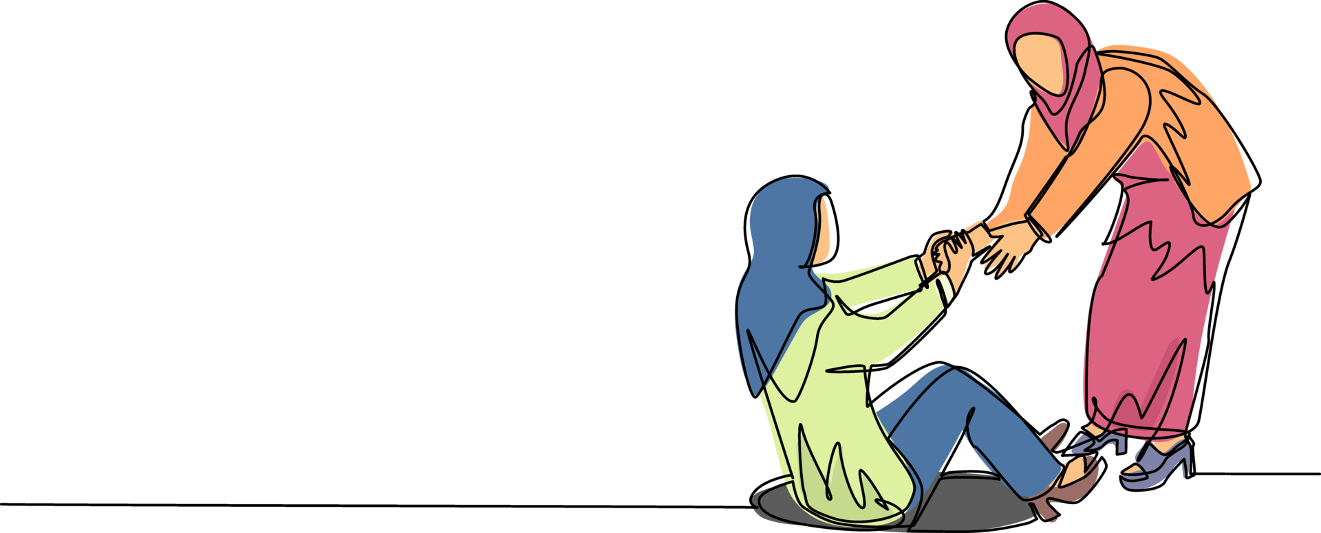 Single one line drawing Arab businesswoman helping her friend by take her out from hole. Two ...