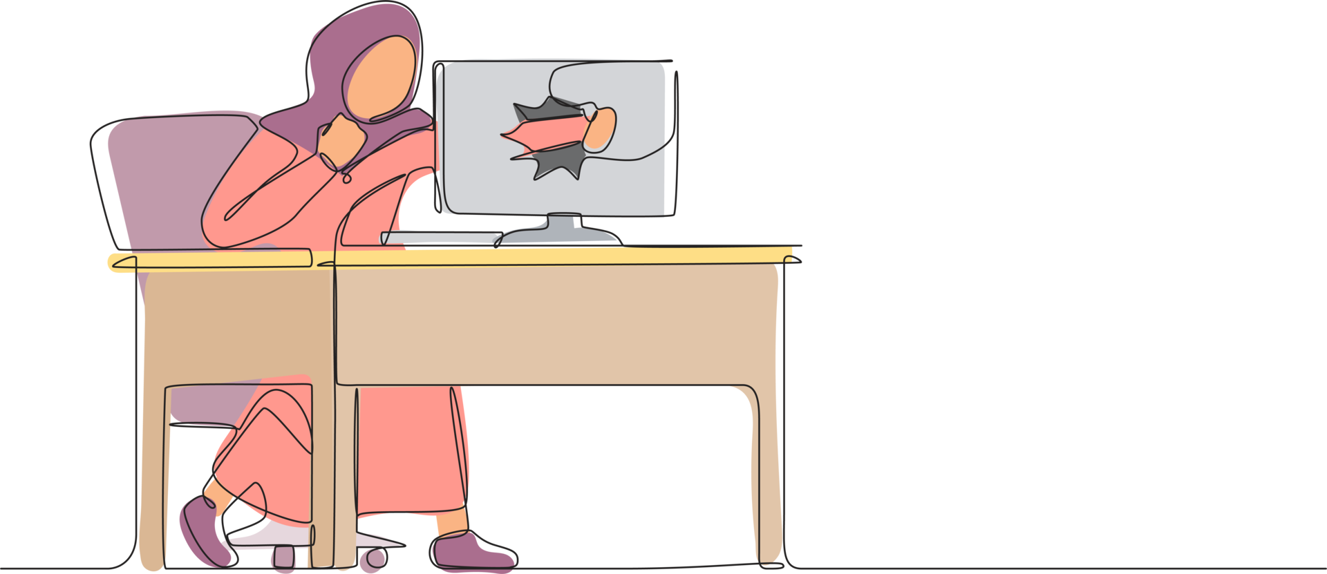 Continuous one line drawing angry Arabian businesswoman breaks her ...