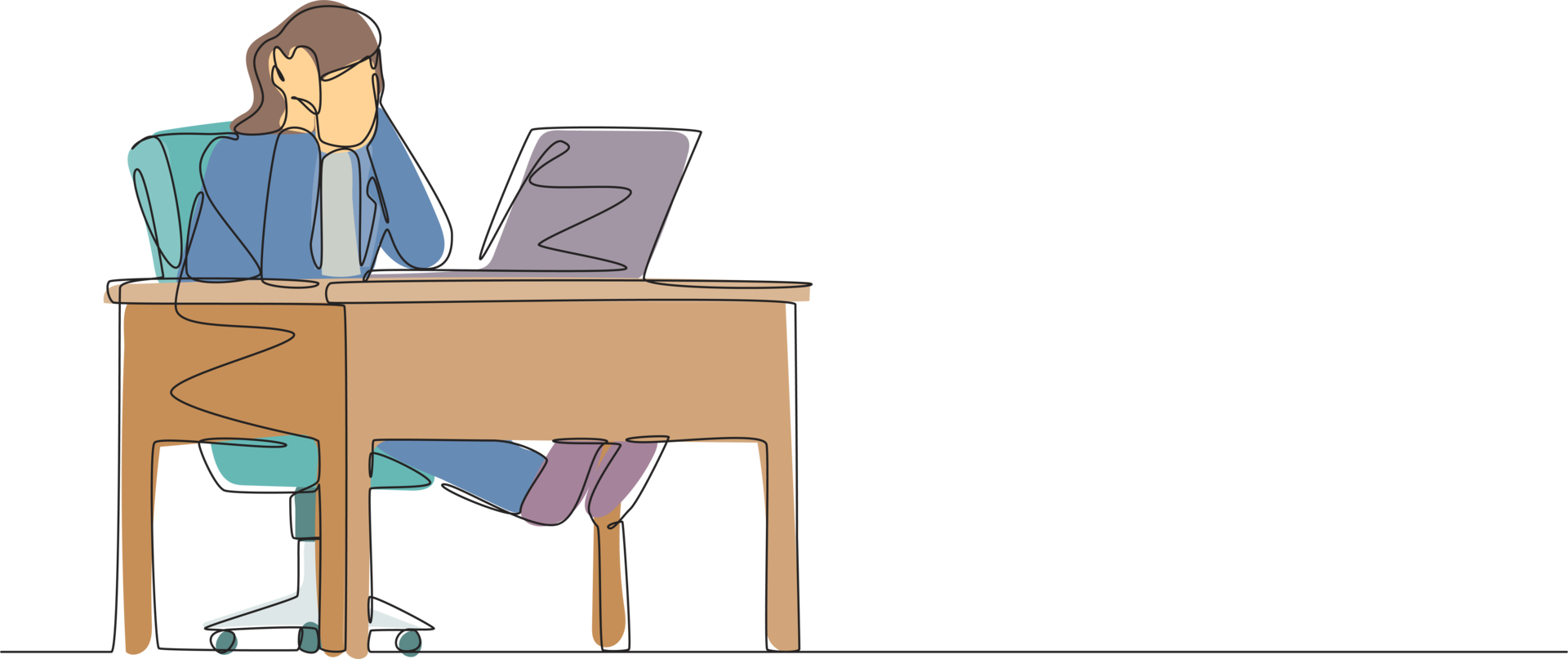 Single Continuous Line Drawing Tired Office Worker Woman Character Girl Work At Laptop Feeling
