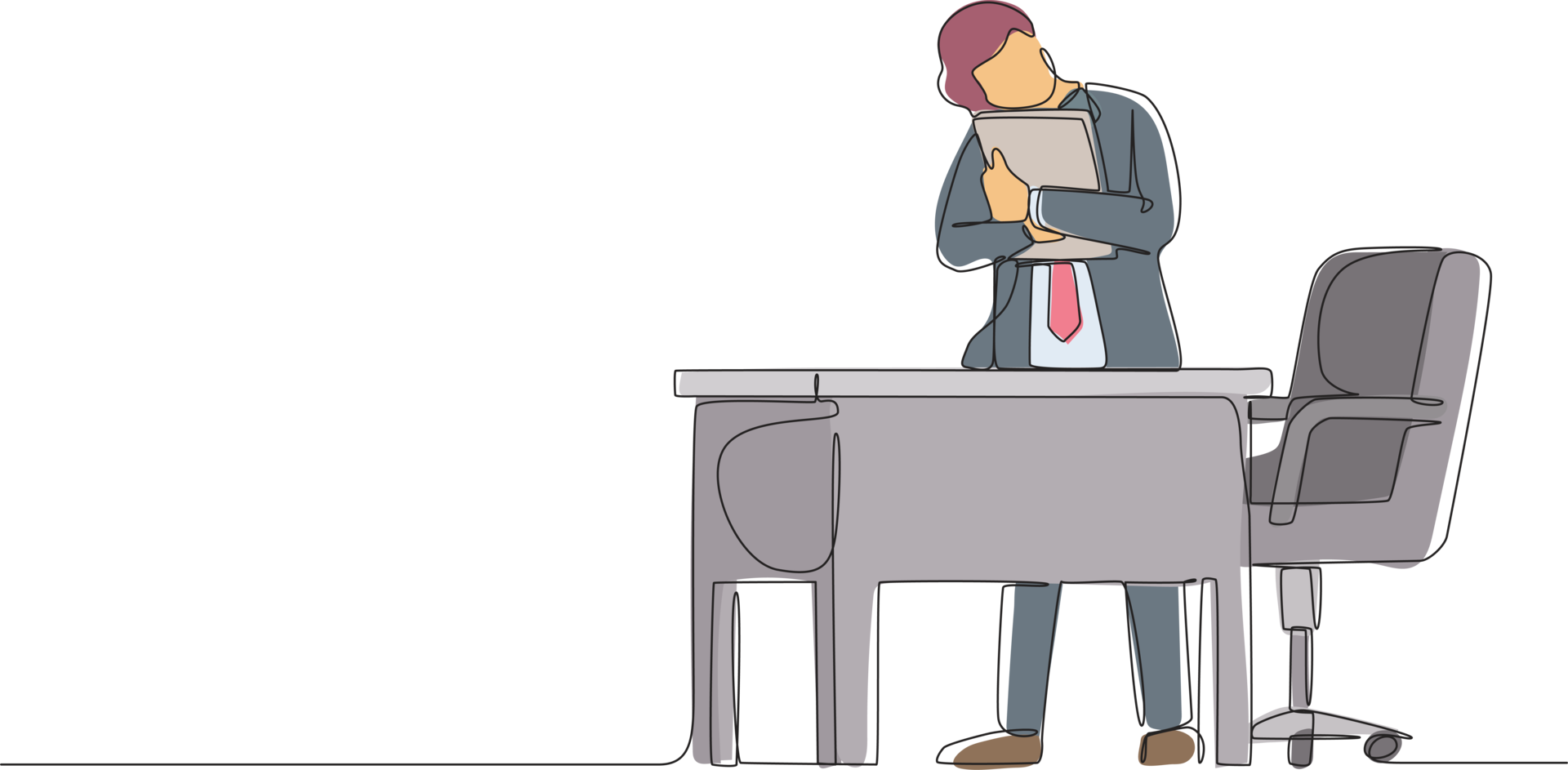 Single Continuous Line Drawing Businessman Hugging Laptop At Office