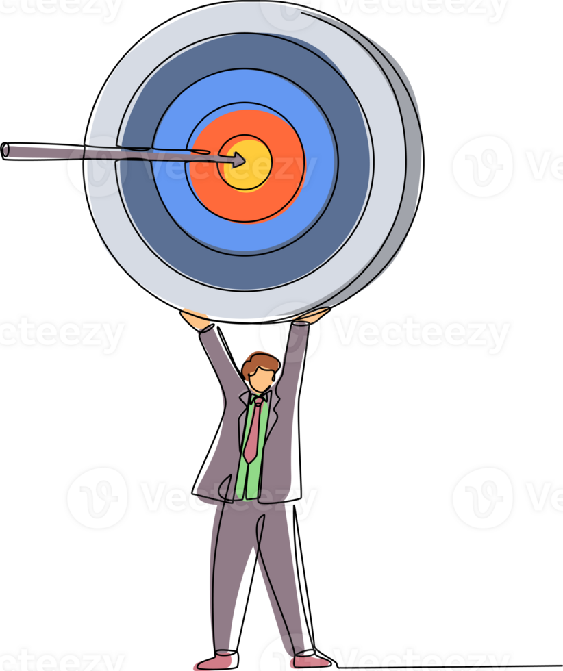 solteiro contínuo linha desenhando homem de negocios segurando acima grande alvo com seta. jovem ...