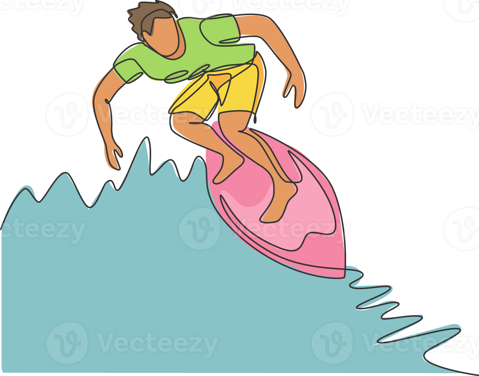 One single line drawing of young sporty surfer man riding on big waves barrel in surfing beach ...