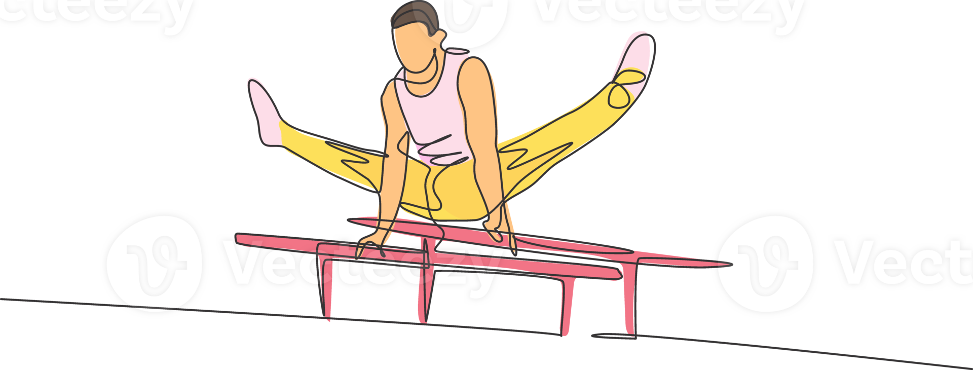 Single continuous line drawing young handsome professional gymnast man perform acrobatic motion ...