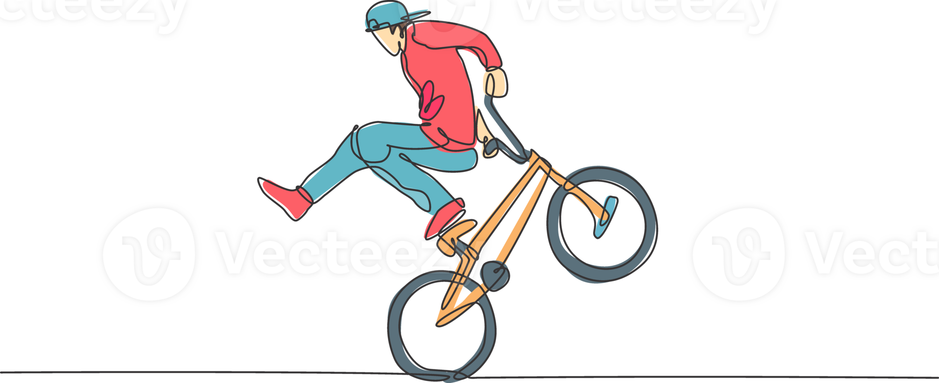 Single continuous line drawing of young BMX cycle rider show extreme risky trick in skatepark ...