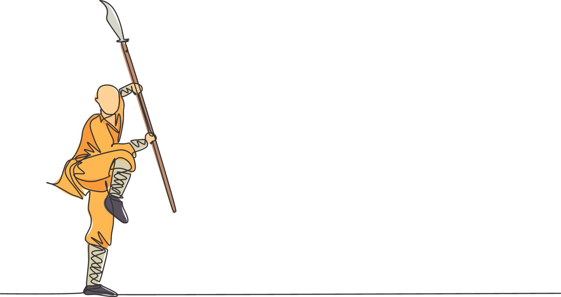 Single continuous line drawing of young muscular shaolin monk man holding spear training at ...