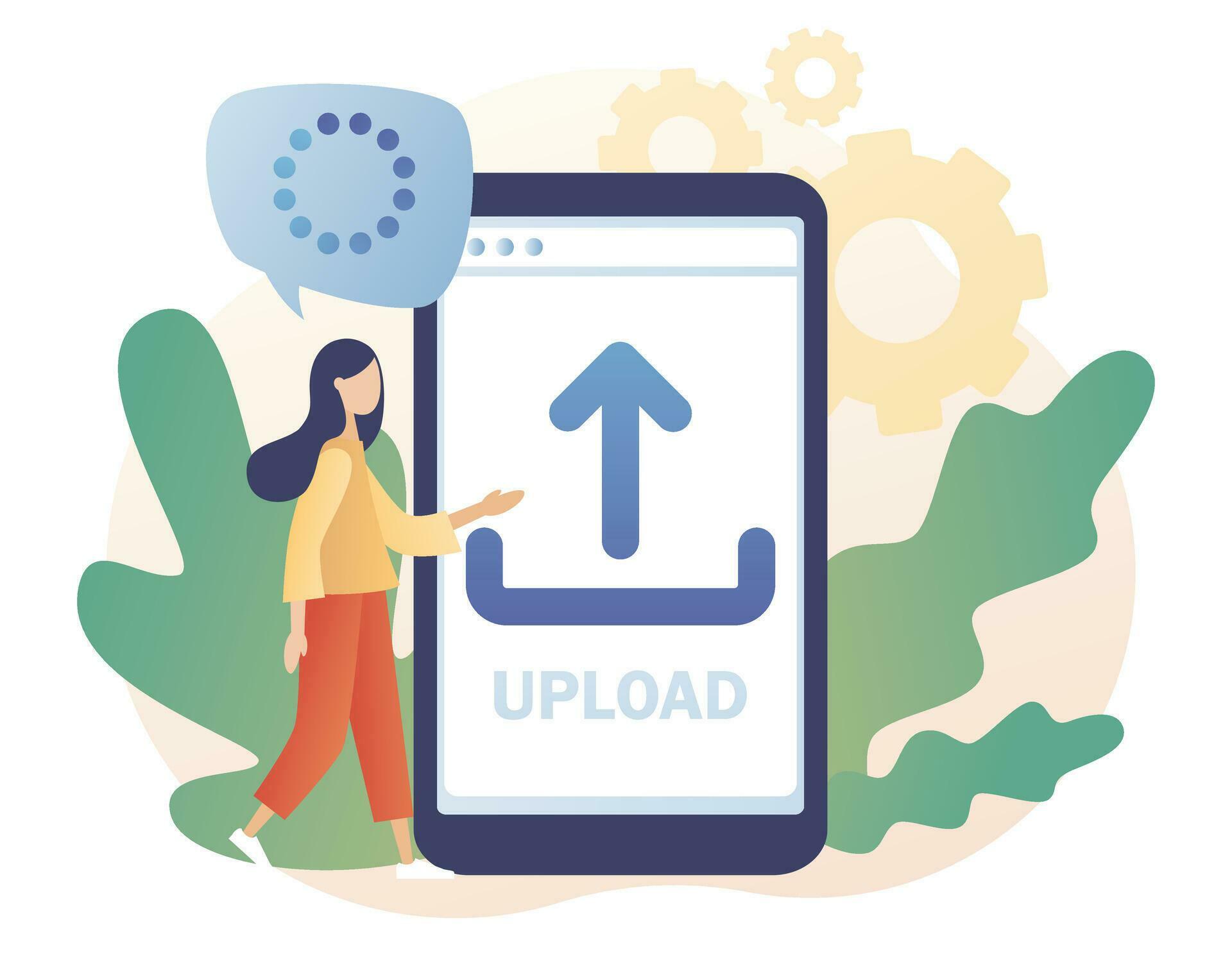 Upload symbol. Tiny woman uploading data, files from smartphone. Load ...