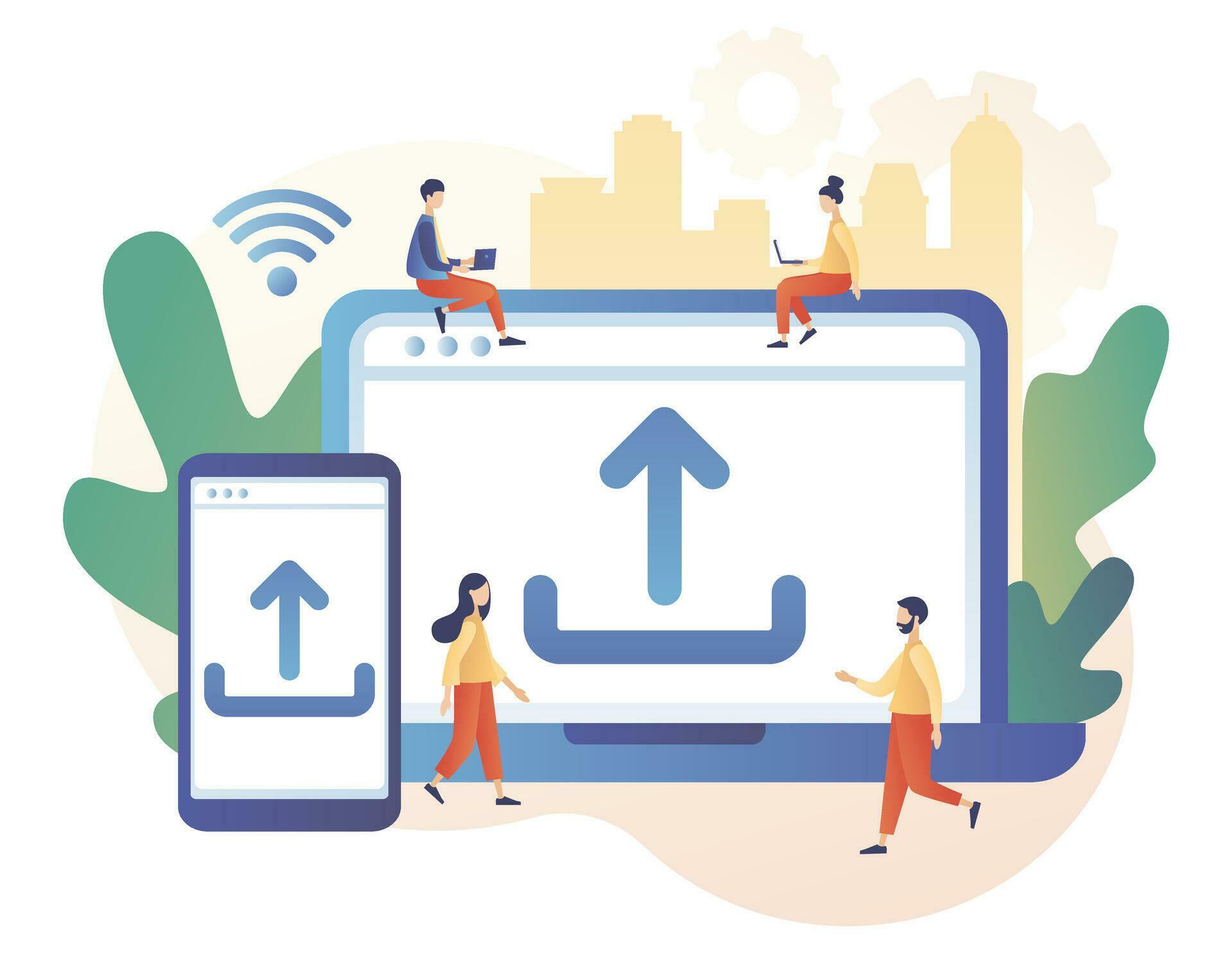 Upload symbol. Tiny people uploading data, files from smartphone and ...