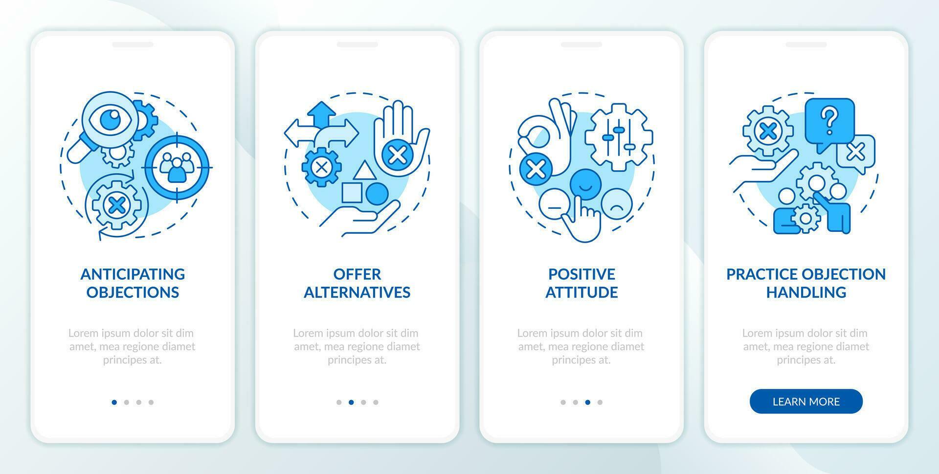 Objection Handling Methods Blue Onboarding Mobile App Screen Sales Skill Walkthrough 4 Steps