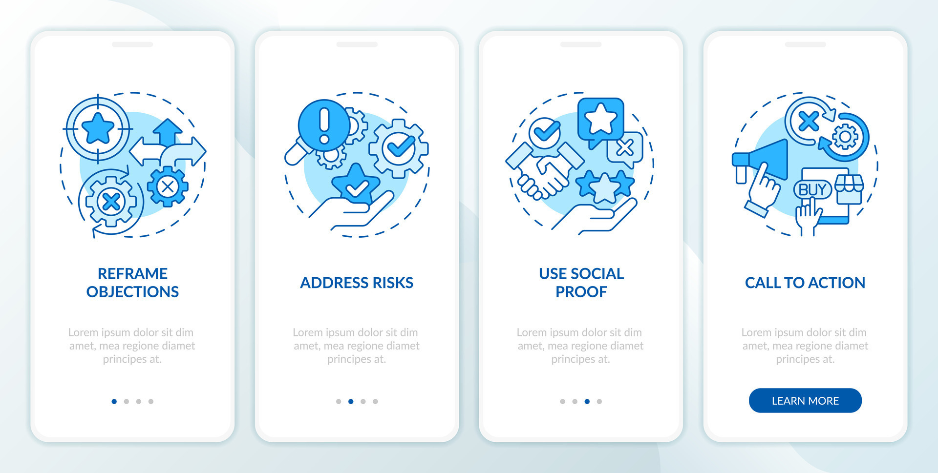Objection Handling Techniques Blue Onboarding Mobile App Screen Sales Pitch Walkthrough 4 Steps
