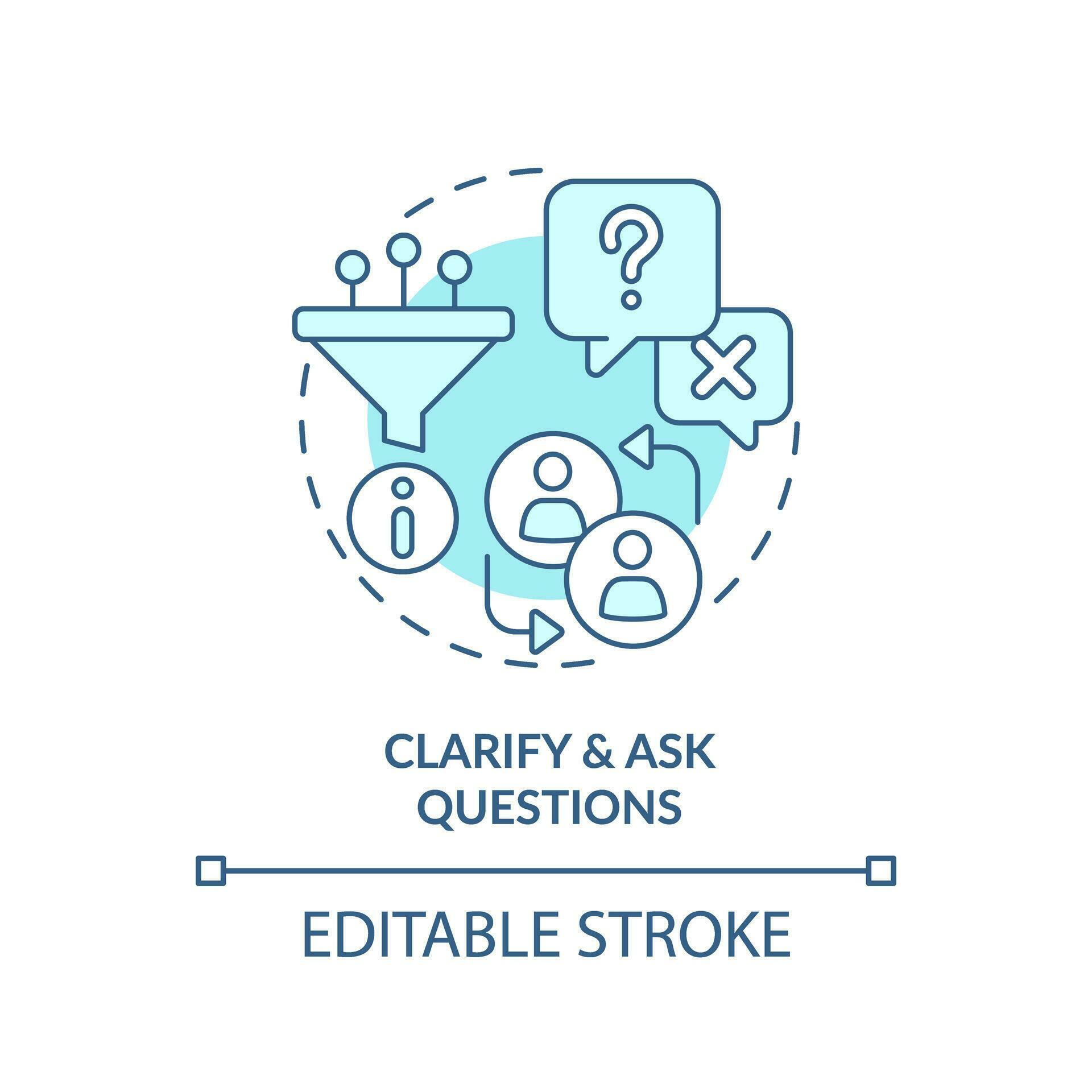 Clarify and ask questions soft blue concept icon. Open ended. Gather ...