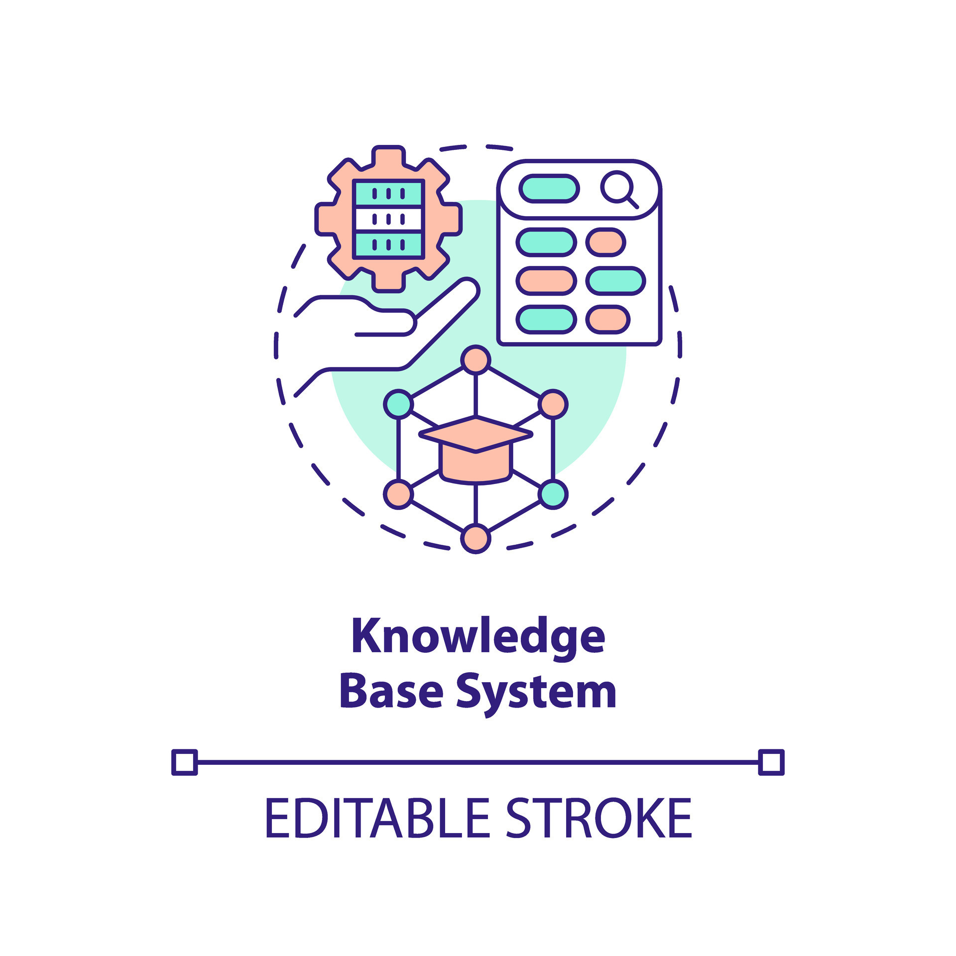 2D editable knowledge base system thin line icon concept, isolated vector, multicolor ...