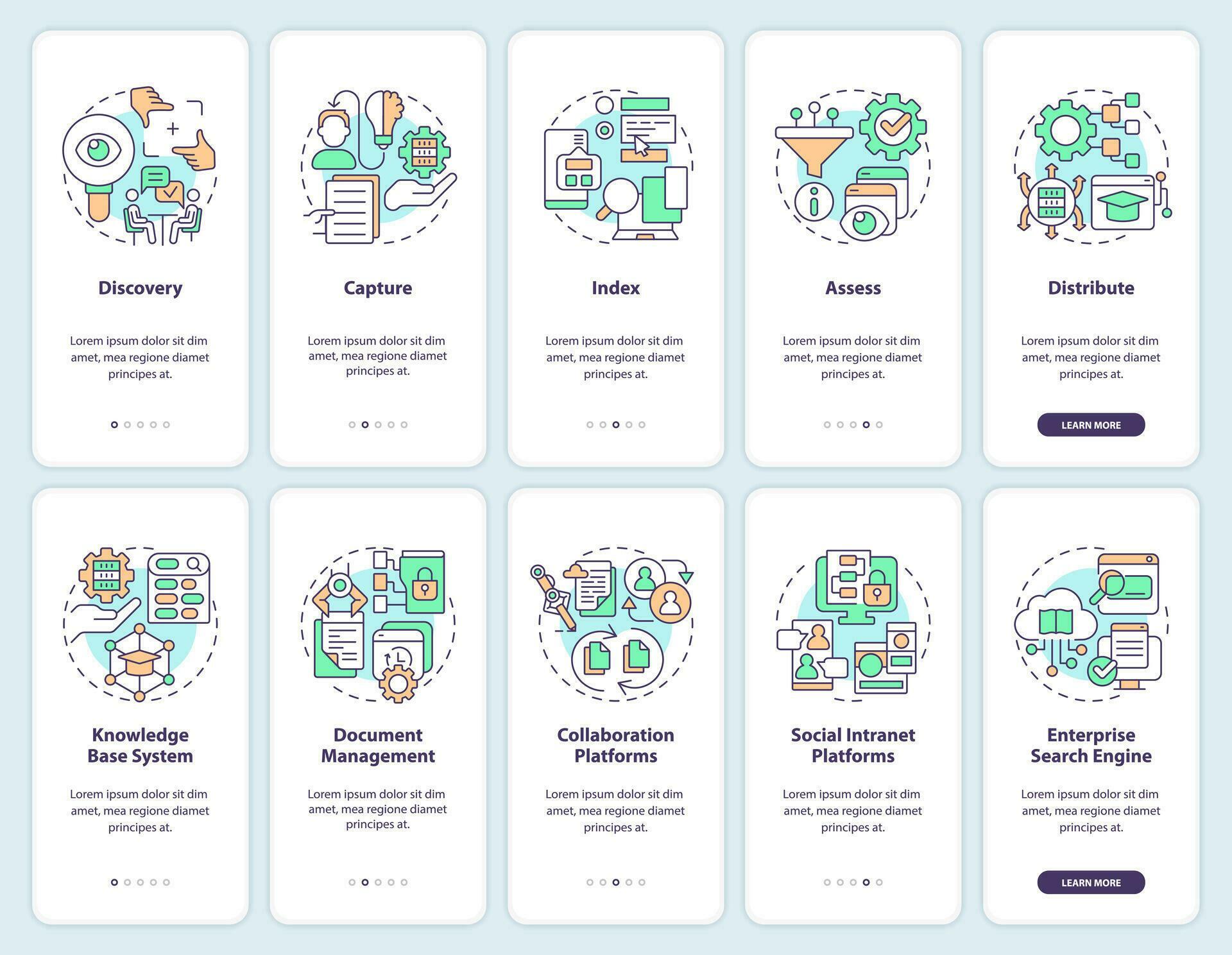 2D icons representing knowledge management mobile app screen set ...