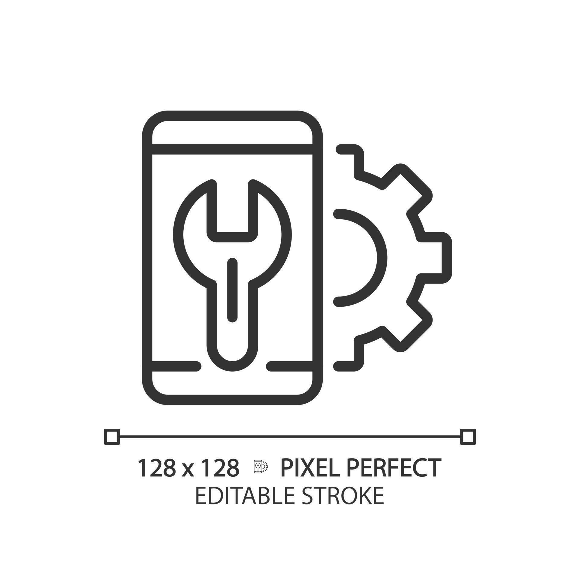Smartphone settings pixel perfect linear icon. Mobile phone configuration. Personalize device ...