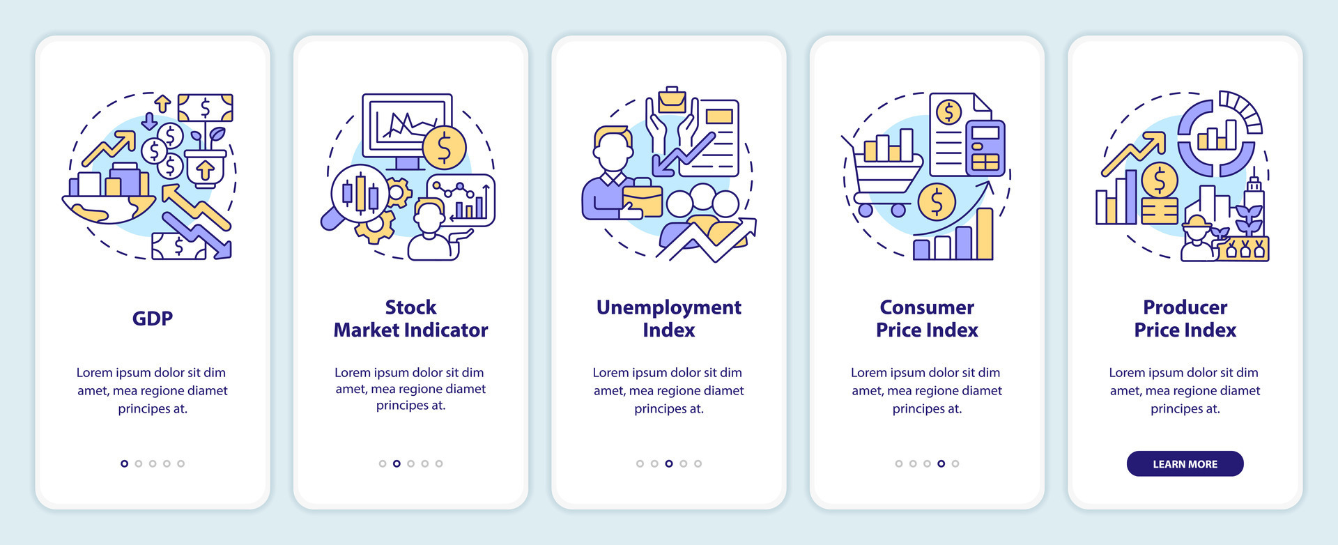 Economic indicators onboarding mobile app screen. Analytics walkthrough ...