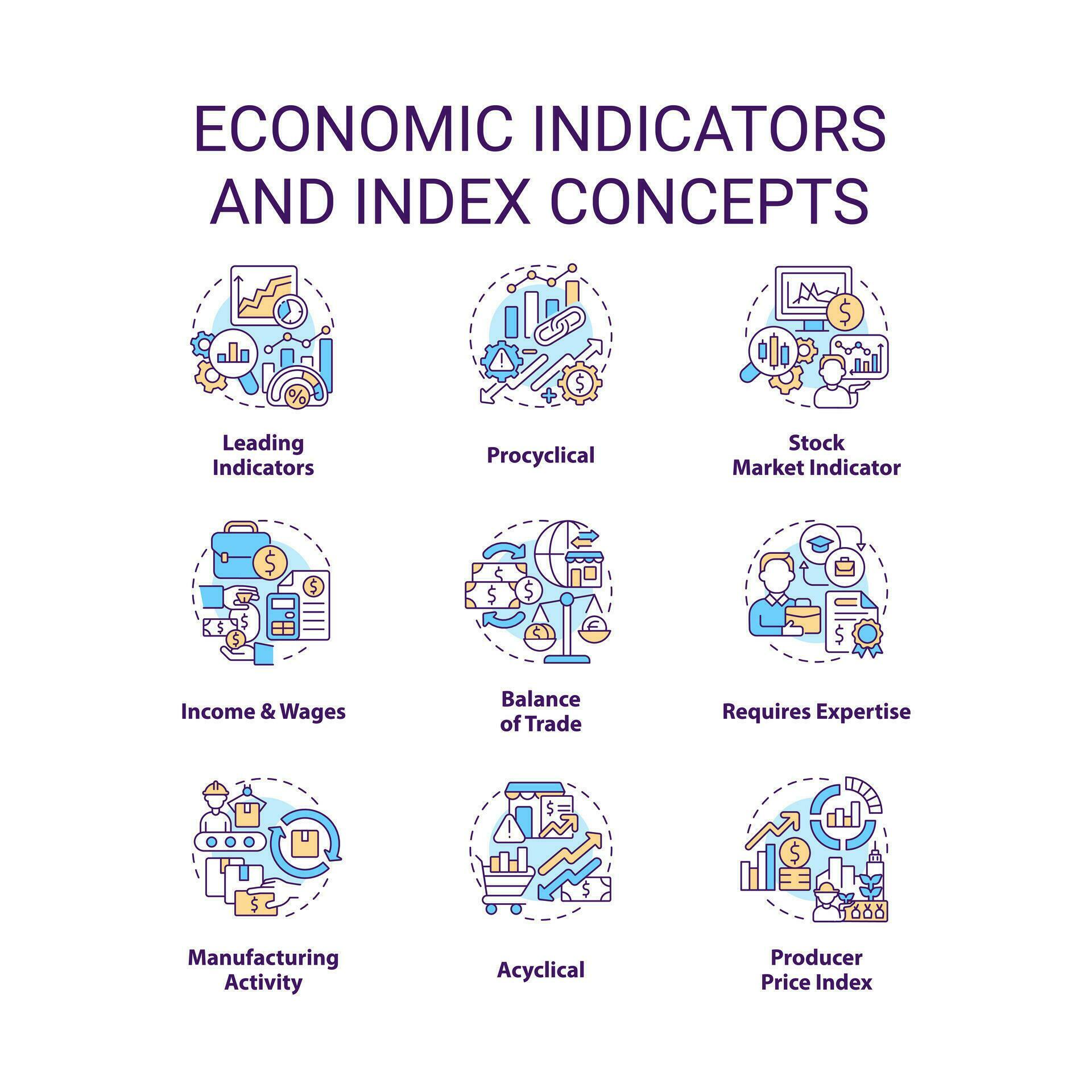 Economic indicators and index concept icons set. Business data analytics idea thin line color ...