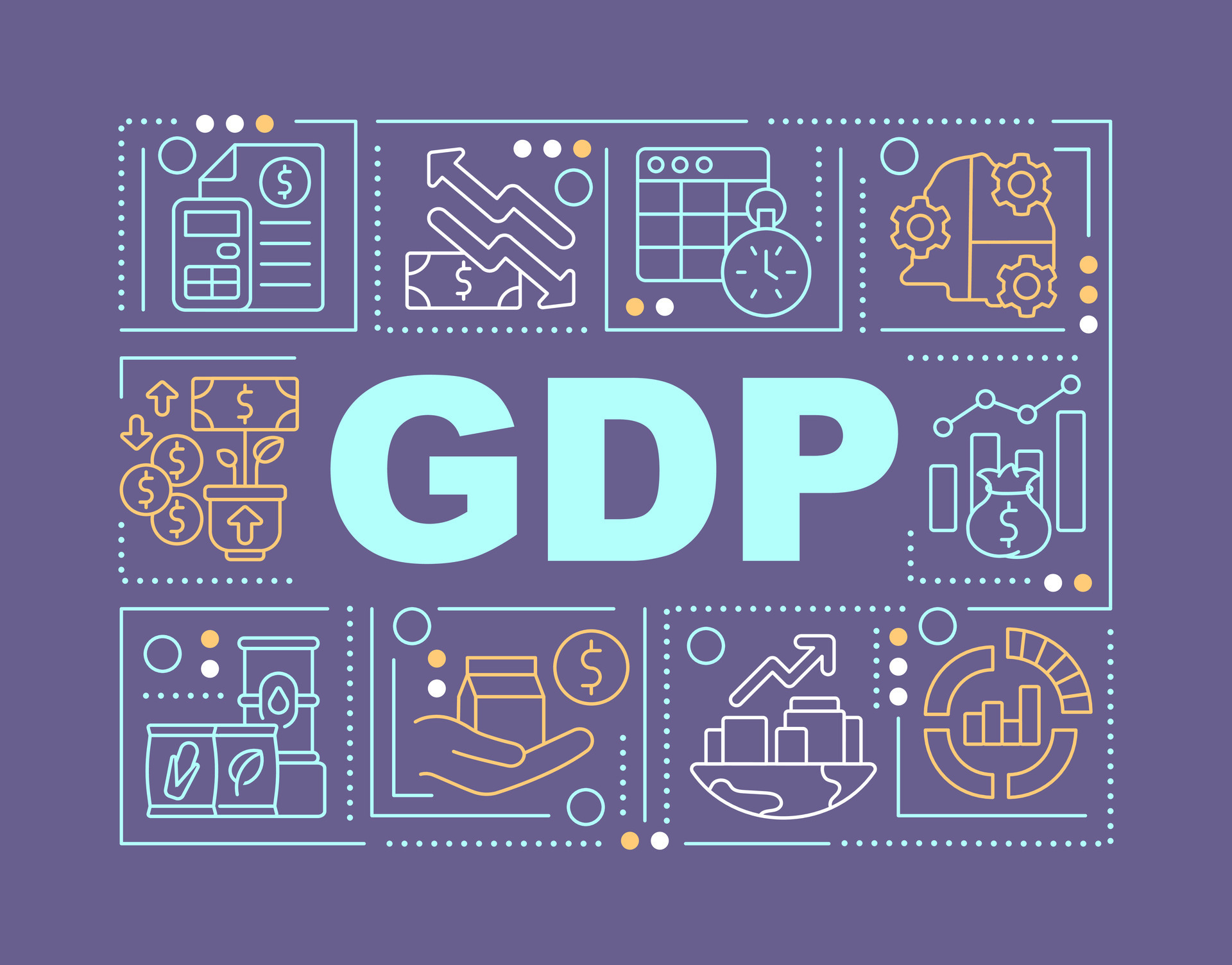 GDP word concepts dark purple banner. Economic indicator. Infographics with editable icons on ...