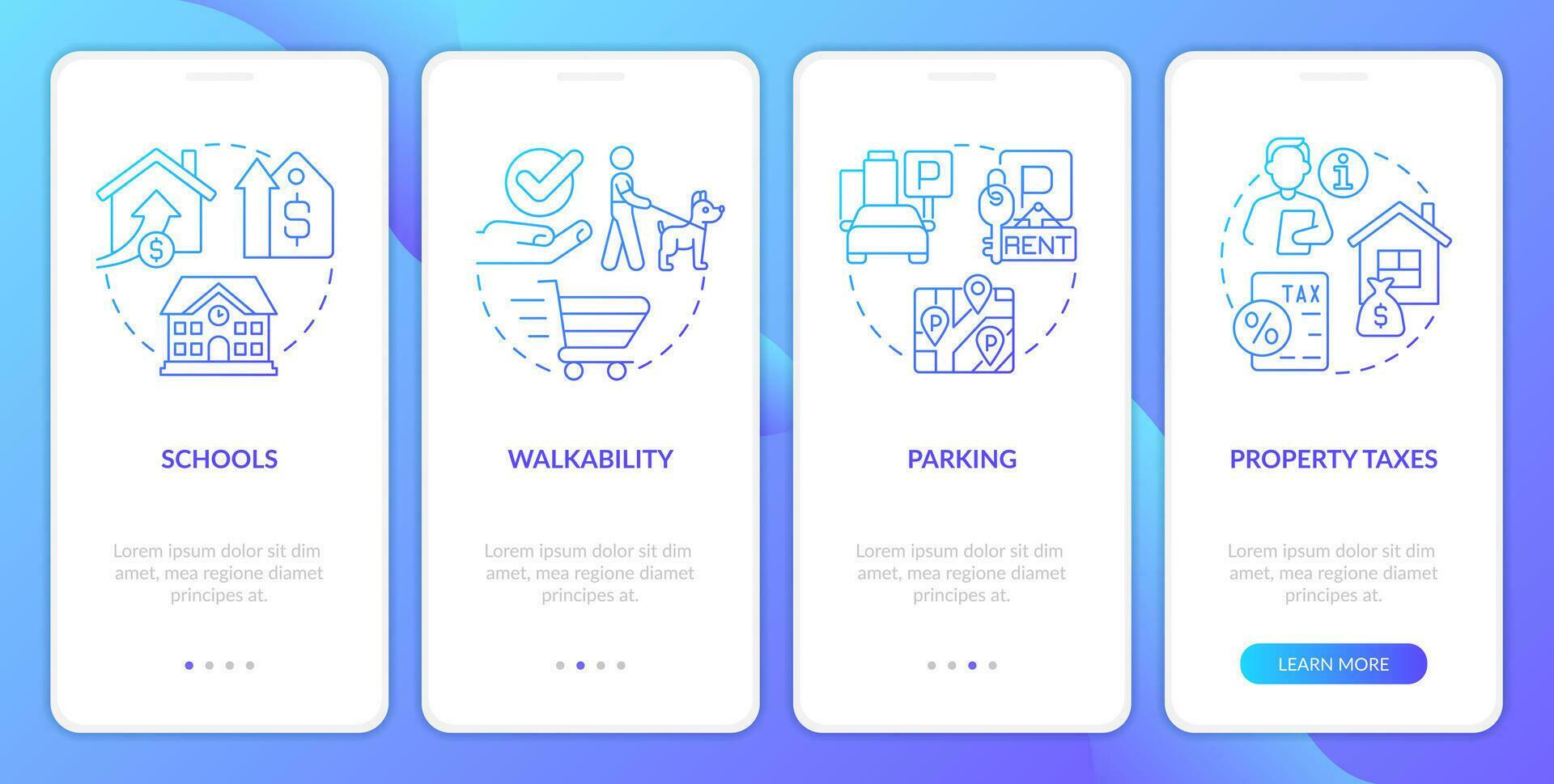 Residential Area Blue Gradient Onboarding Mobile App Screen Real Estate Walkthrough 4 Steps