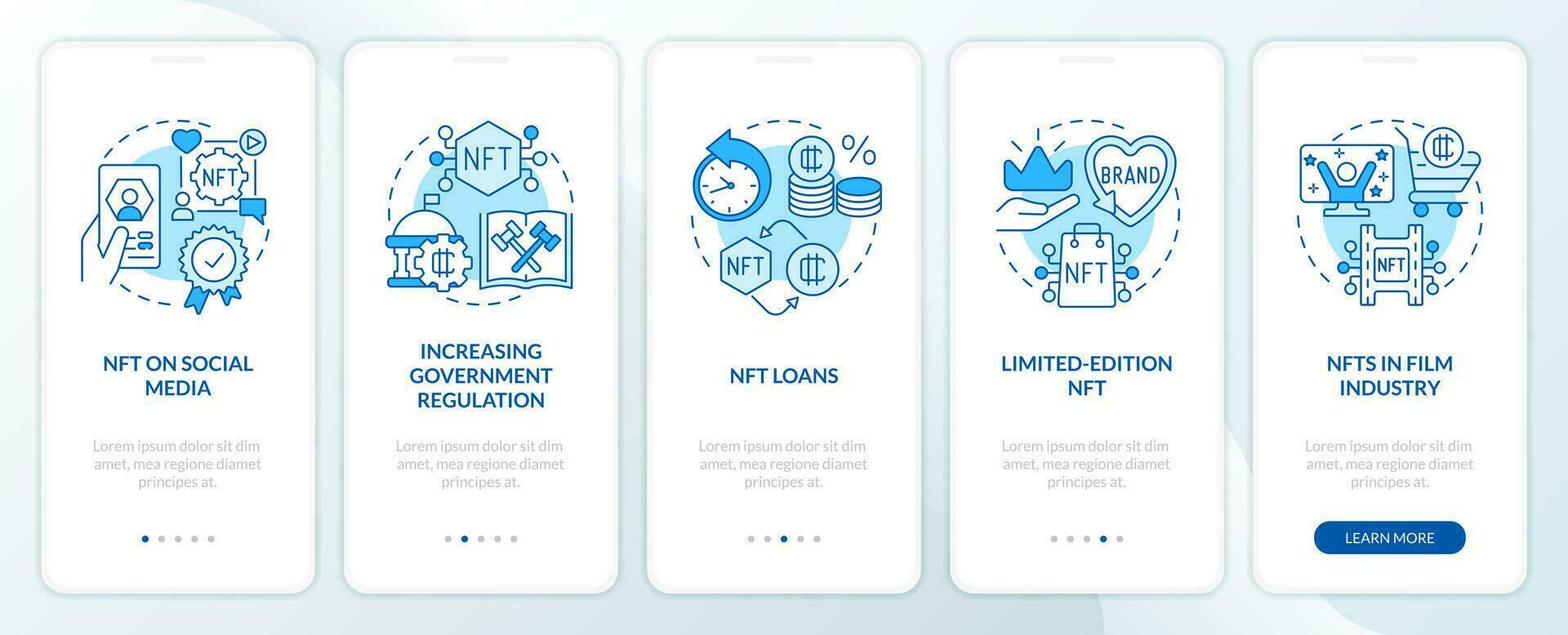 Promising Nft Trends Blue Onboarding Mobile App Screen Blockchain Walkthrough 5 Steps Editable