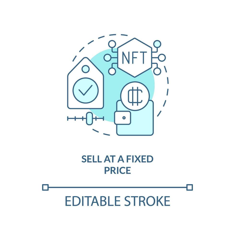 Sell at fixed price turquoise concept icon. Setup files cost. NFTs monetization abstract idea ...