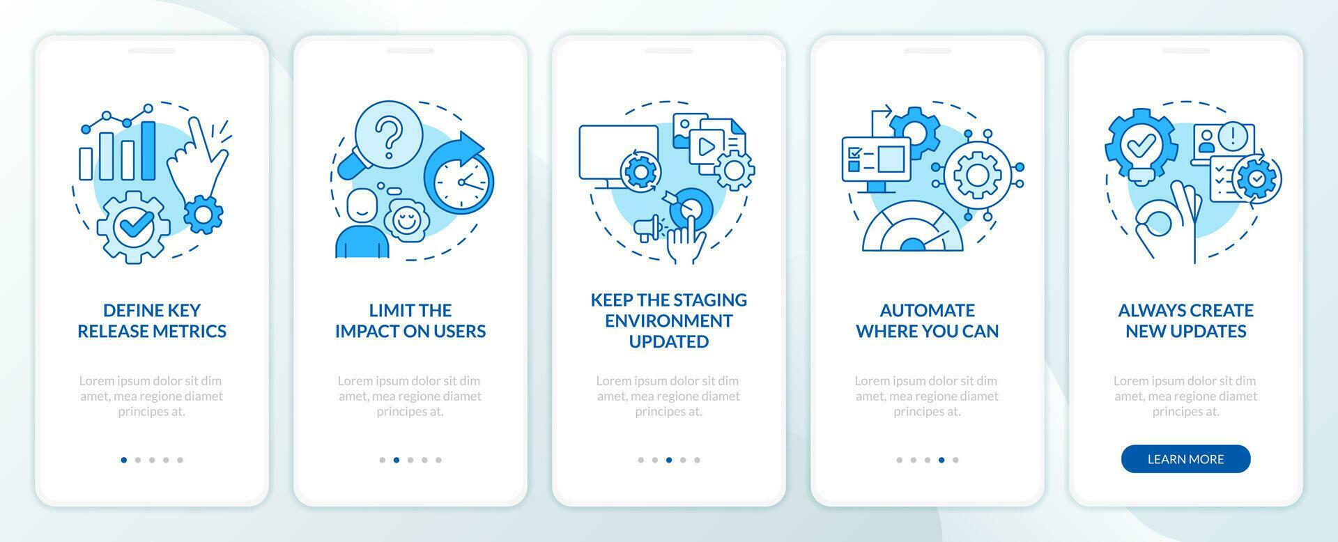 Improve release management process blue onboarding mobile app screen. Walkthrough 5 steps ...