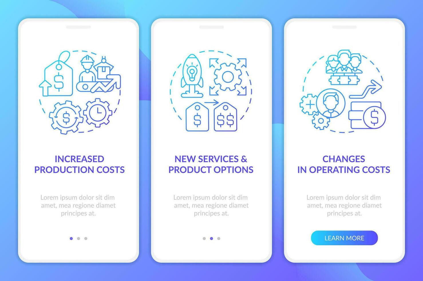 Common reasons for price increase blue gradient onboarding mobile app screen. Walkthrough 3 ...