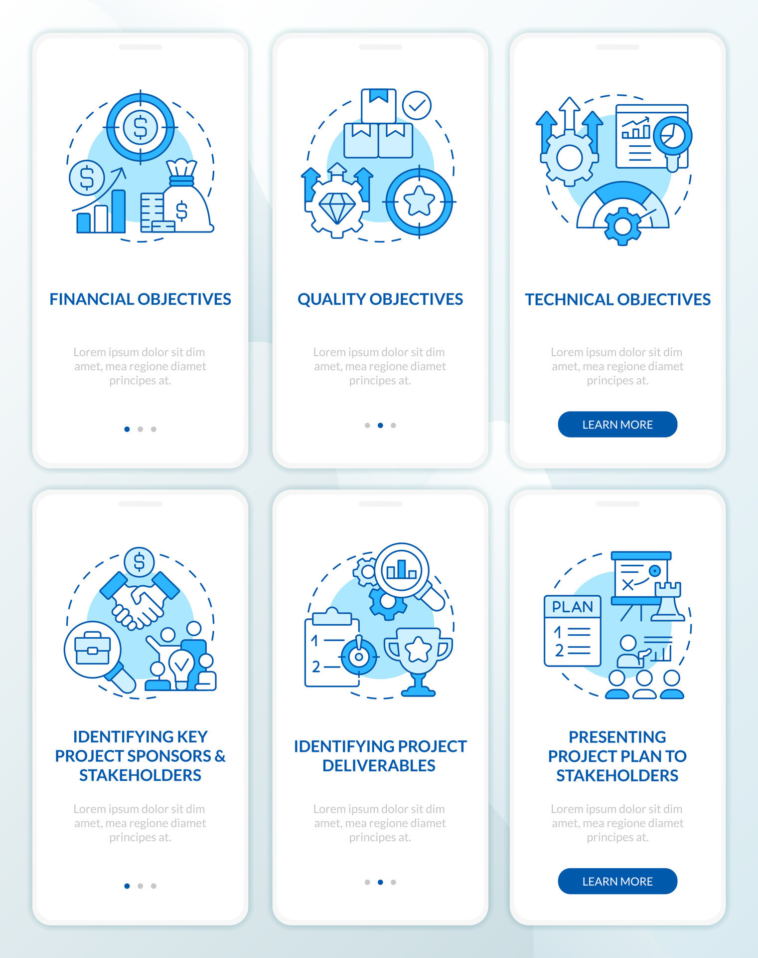 Project Management Processes Blue Onboarding Mobile App Screens Set Walkthrough 3 Steps