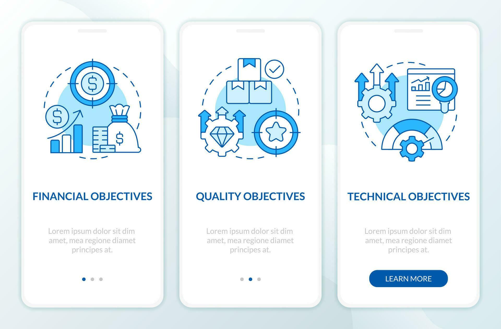 Objectives in project management blue onboarding mobile app screen. Walkthrough 3 steps editable ...
