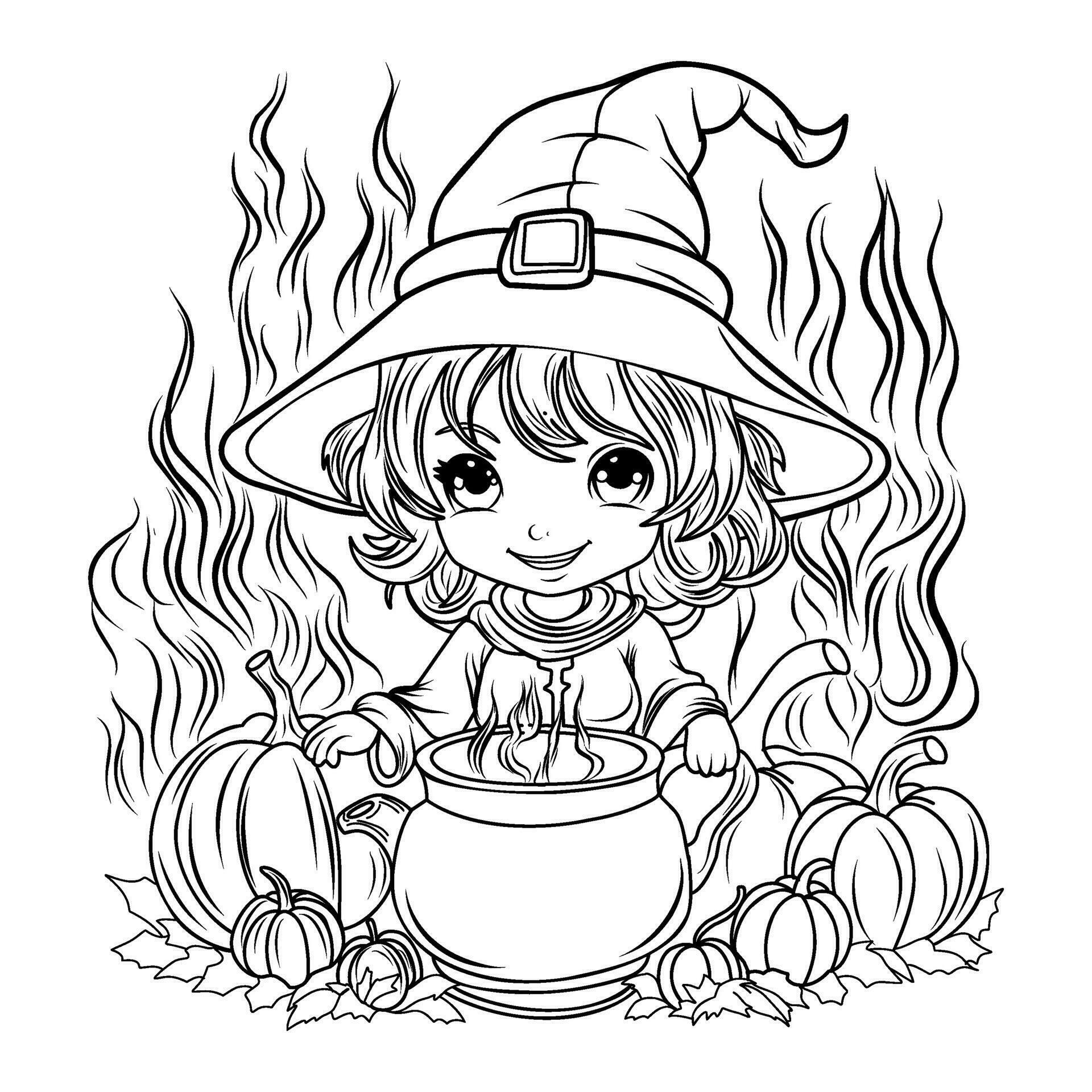 Coloring page Witch in a hat brews a witch's potion in a cauldron ...