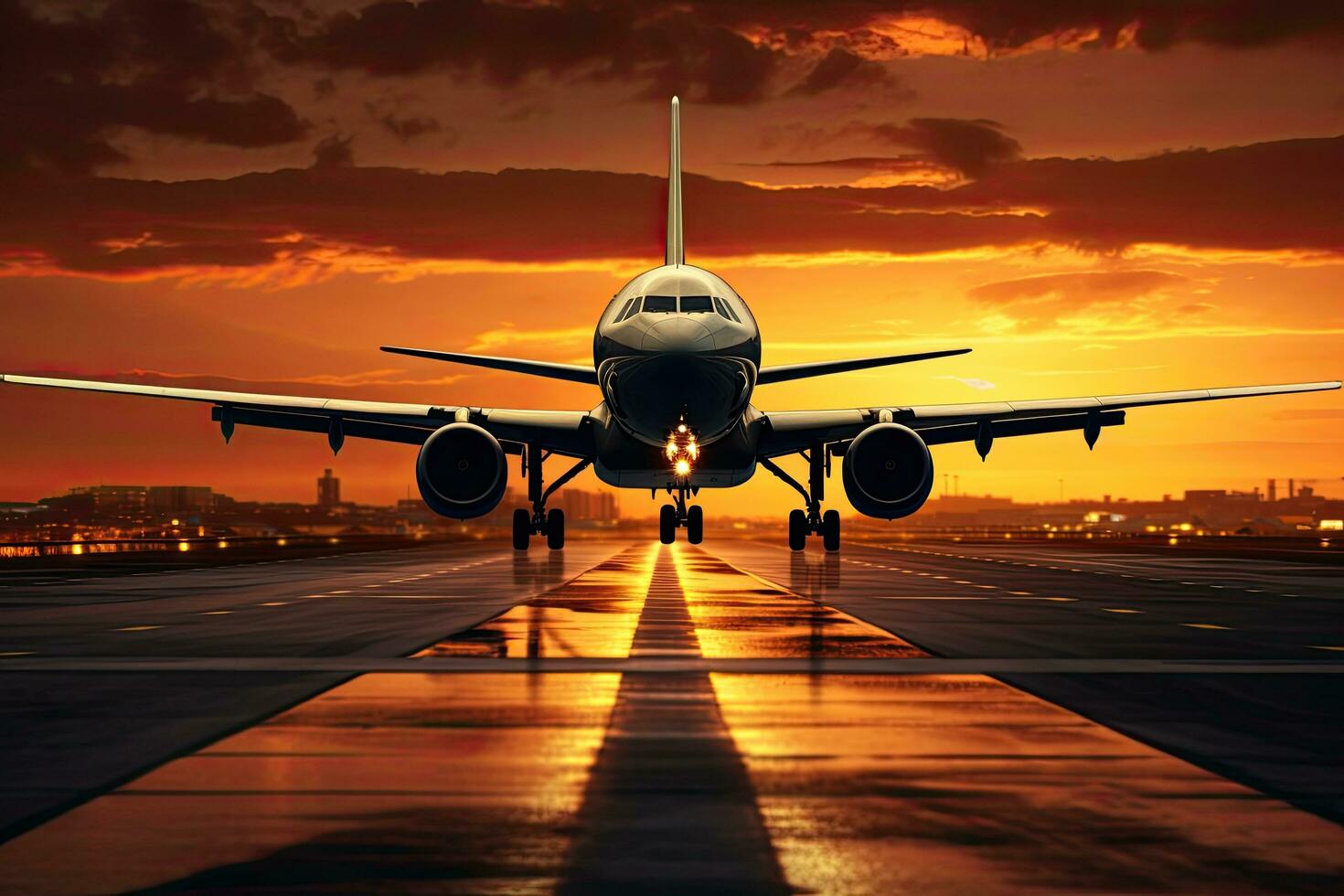 Airplane Taking Off From The Runway At Sunset 3d Rendering A Large