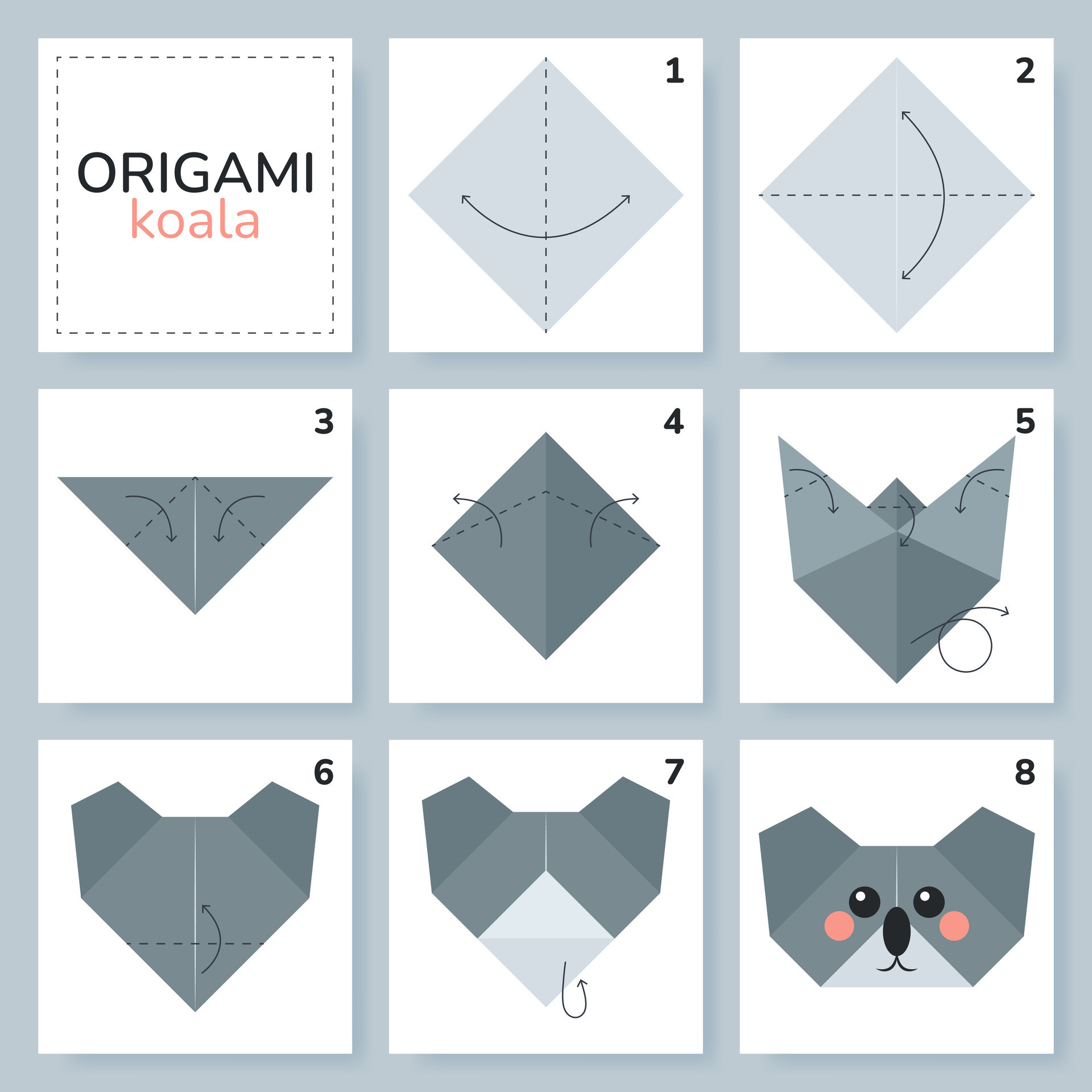 Koala origami scheme tutorial moving model. Origami for kids. Step by ... Koala origami scheme tutorial moving model. Origami for kids. Step by ...