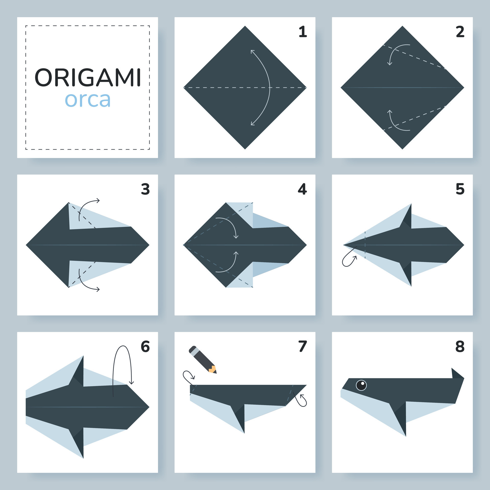 Orca origami scheme tutorial moving model. Origami for kids. Step by ... Orca origami scheme tutorial moving model. Origami for kids. Step by ...