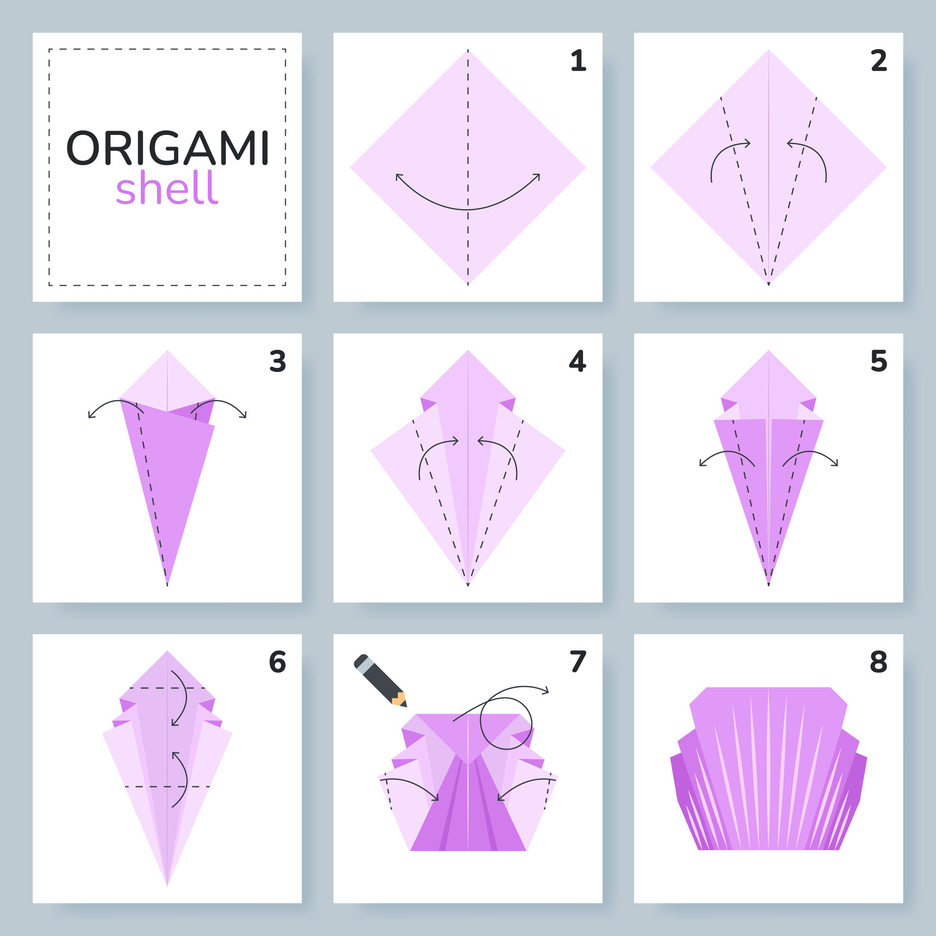 Shell origami scheme tutorial moving model. Origami for kids. Step by step how to make a cute ...