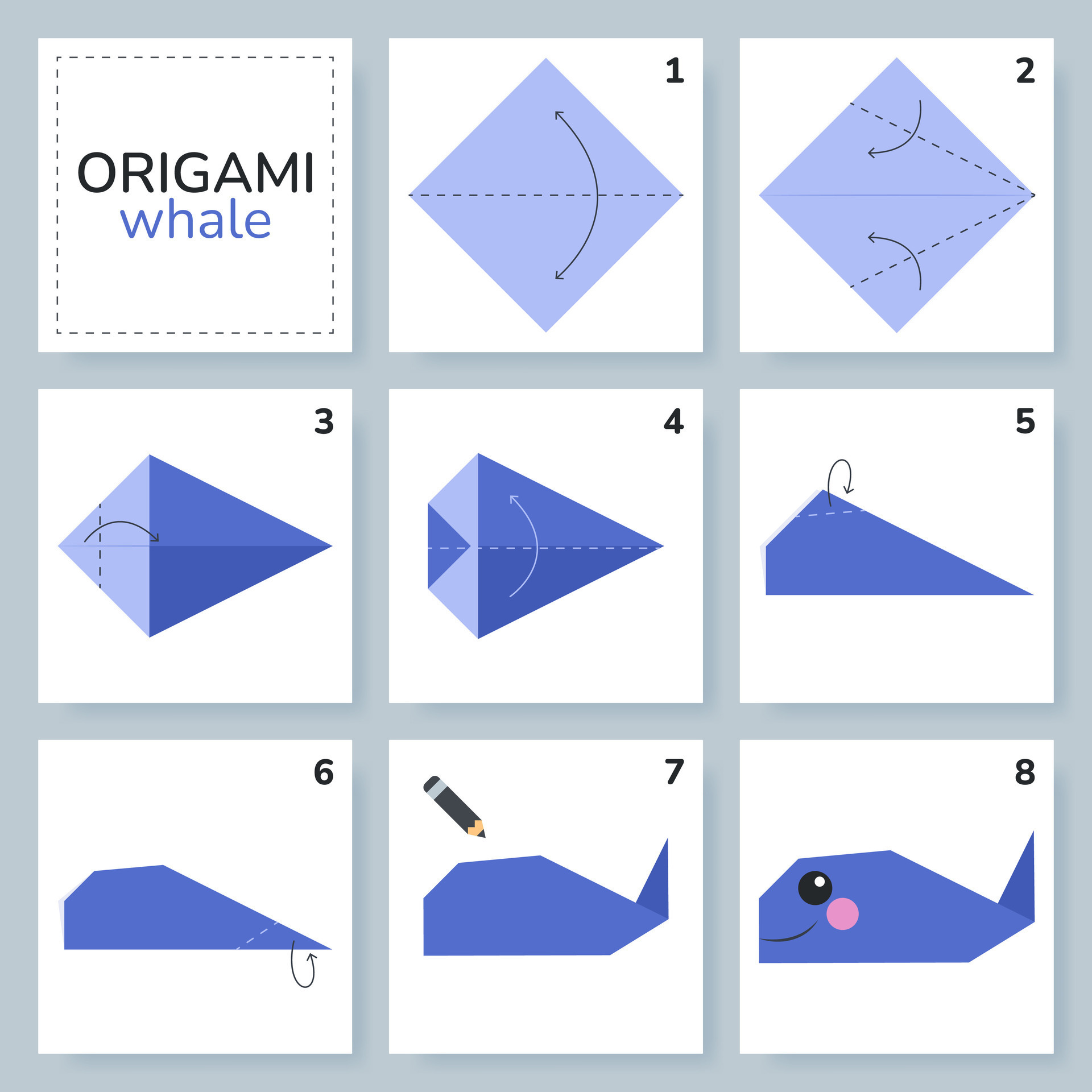 Whale origami scheme tutorial moving model. Origami for kids. Step by ... Whale origami scheme tutorial moving model. Origami for kids. Step by ...