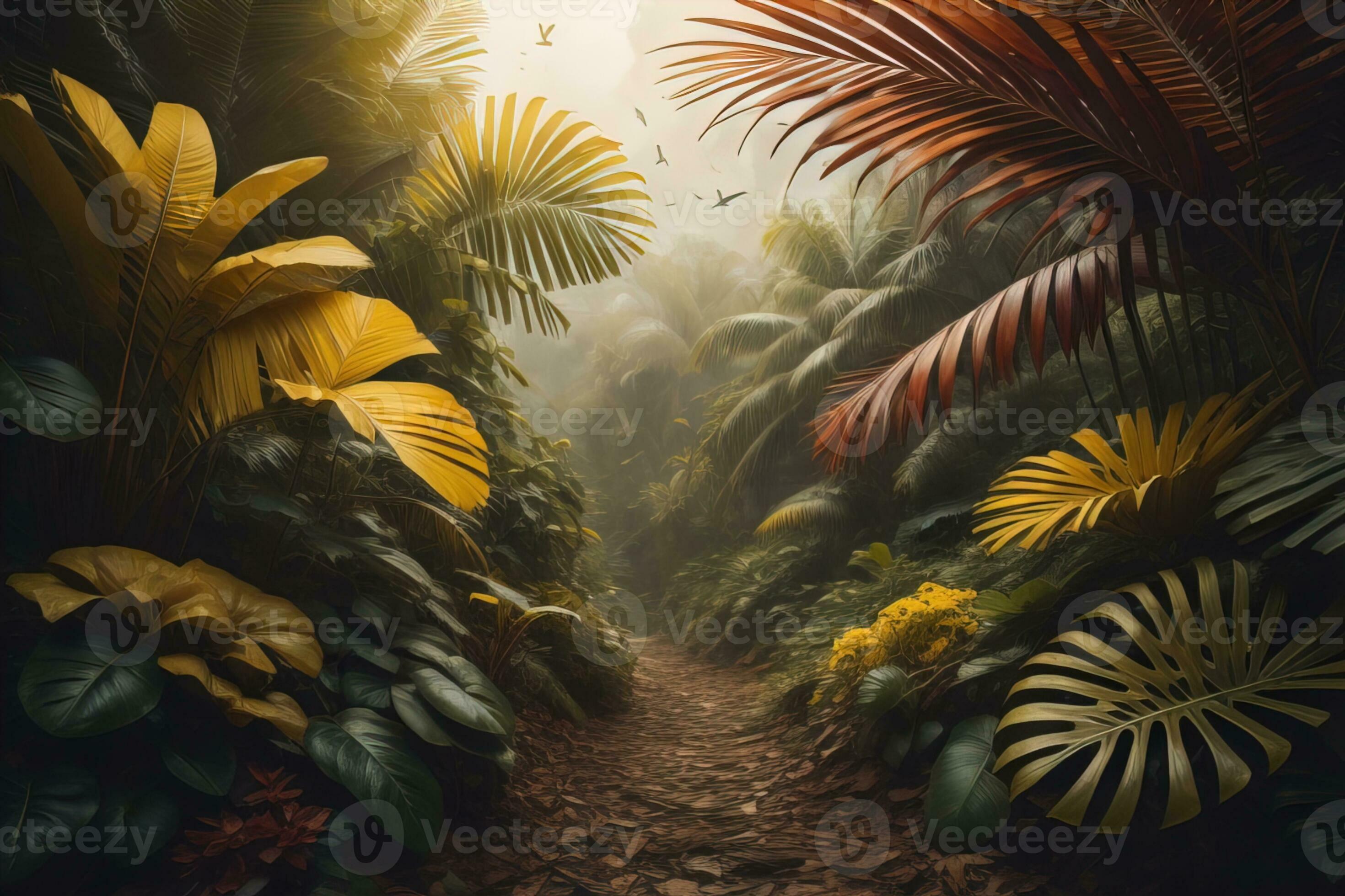 A pathway in tropical rainforest with palm trees and path in the mist ...