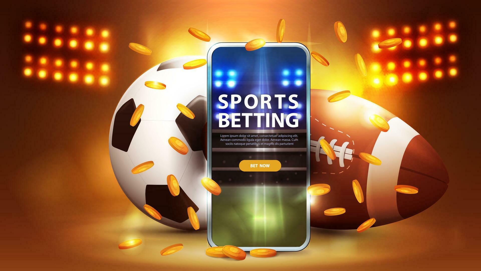 Sports betting, yellow banner for website with smartphone and football balls in gold stadium ...